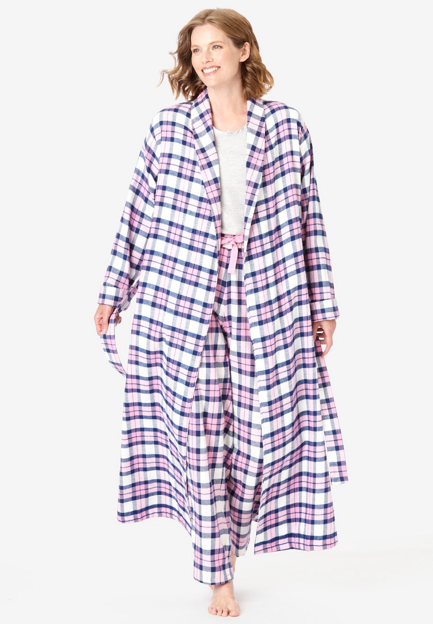 Women's Long Cotton Flannel Robe with Pockets, Pink Plaid | Woman Within