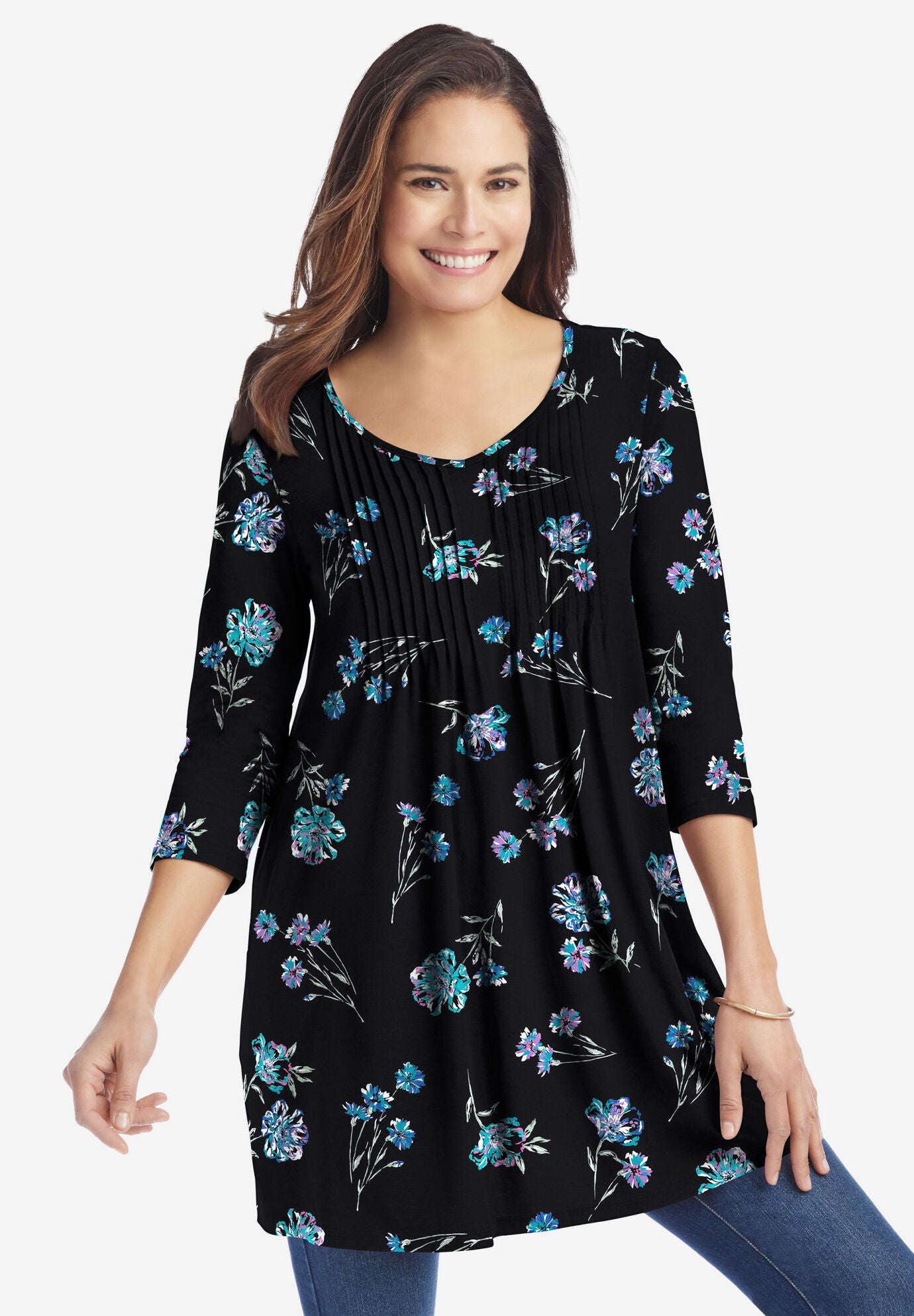 Plus Size V-Neck Pintucked Tunic - Feminine Style, Black Marigold ...