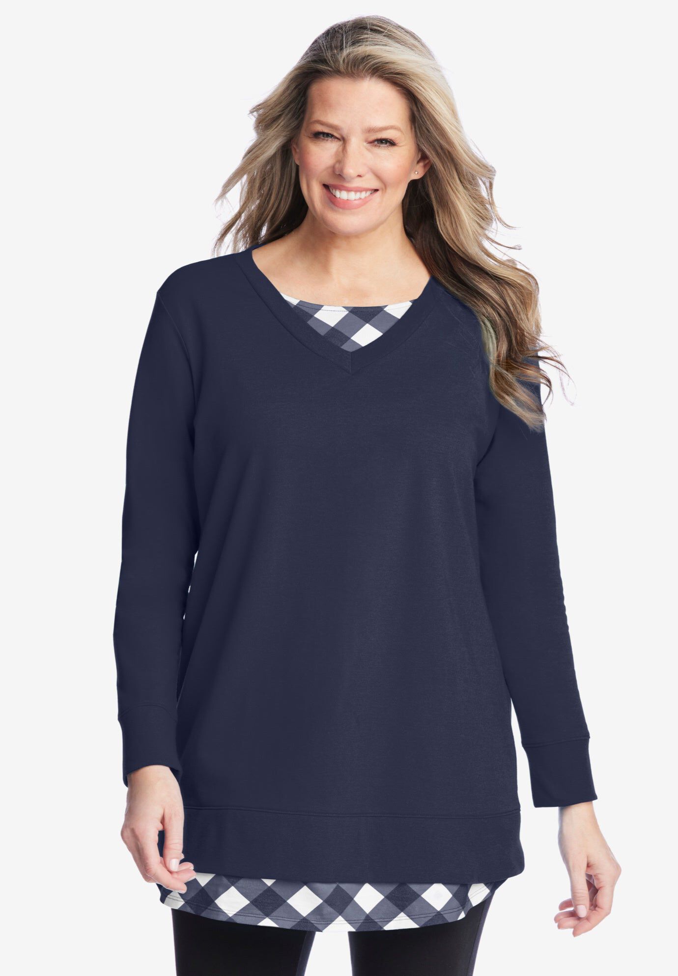 Layered Look Sweatshirt - Relaxed Fit V-Neck, Emerald Green Plaid ...