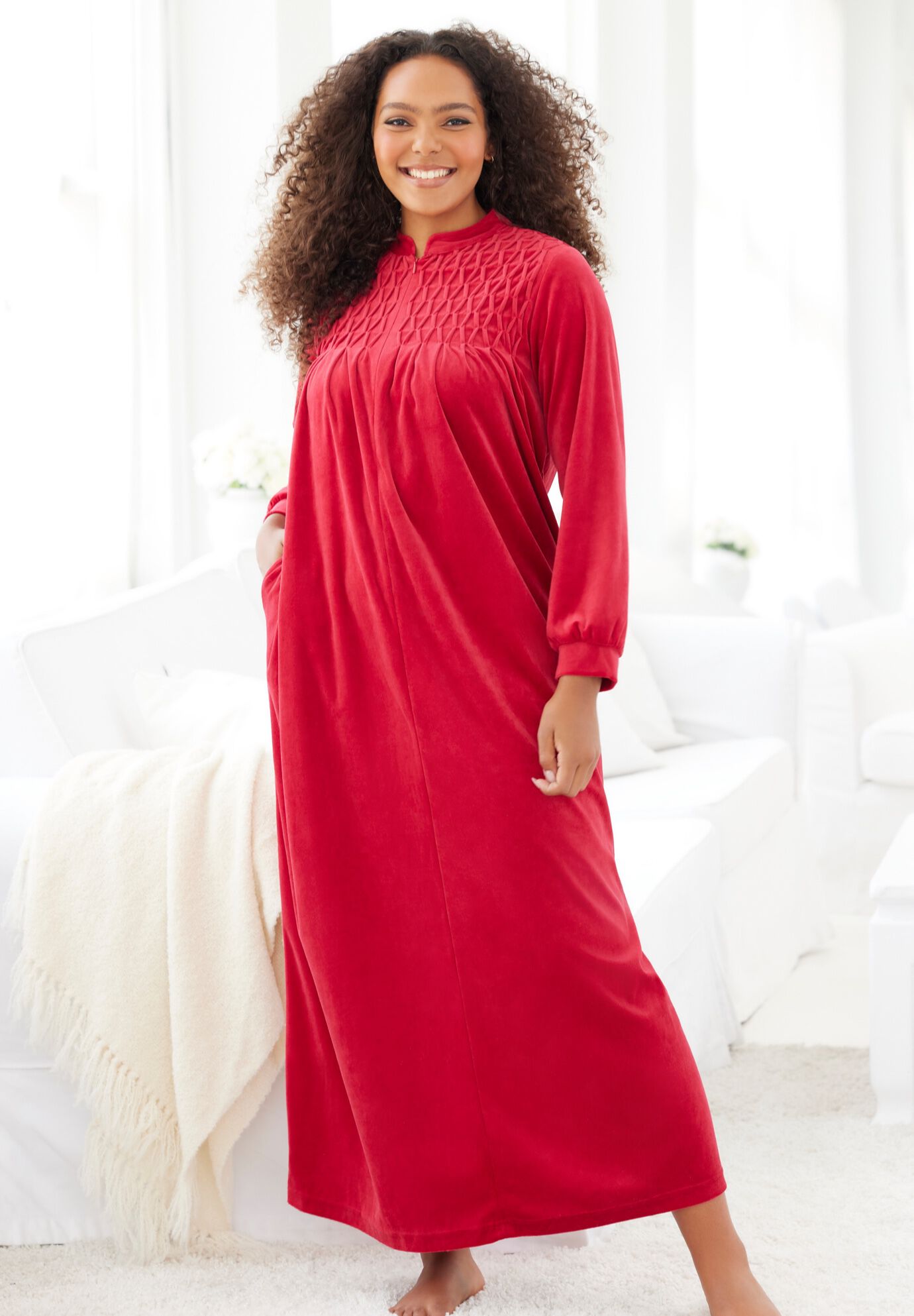 Smocked Velour Long Robe with Pockets, Waterfall | Woman Within