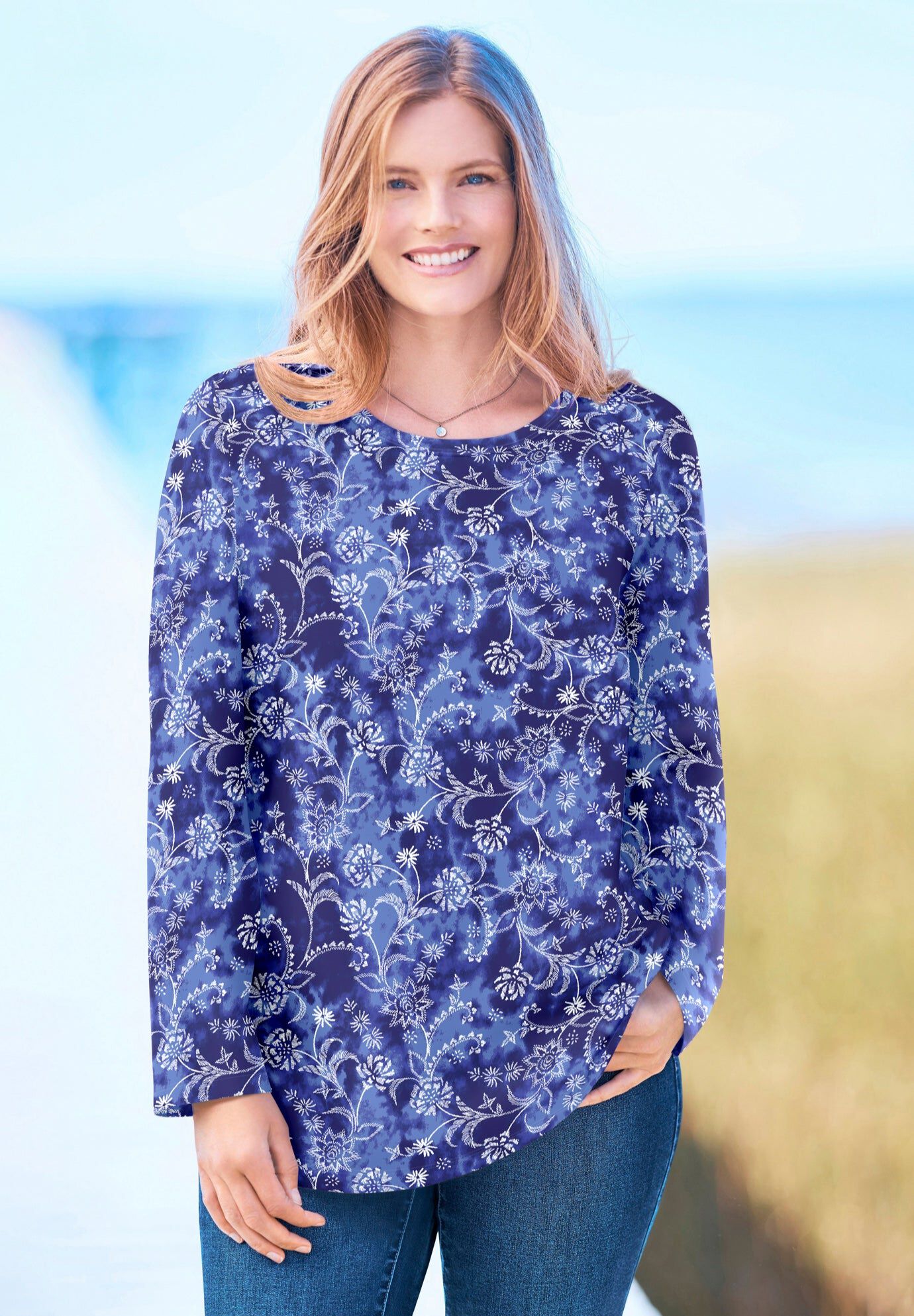 Perfect Printed Long-Sleeve Crewneck Tee 5X, Navy Floral Tie Dye ...