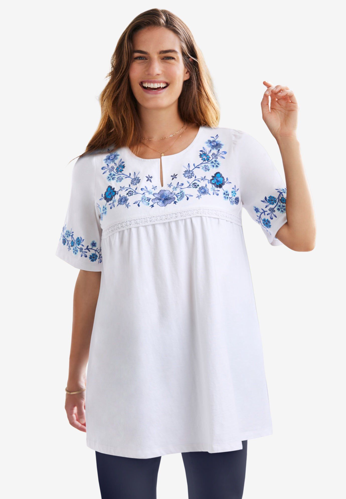 Embroidered Split-Neck Tunic for Women, Lilac Floral Embroidery | Woman ...