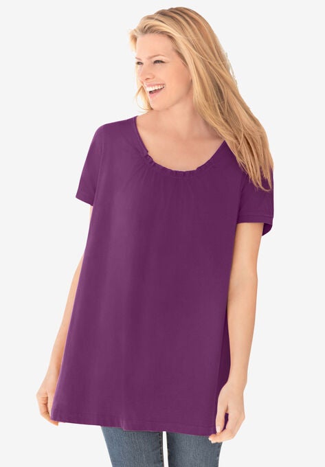 Perfect Short-Sleeve Shirred U-Neck Tunic | Woman Within