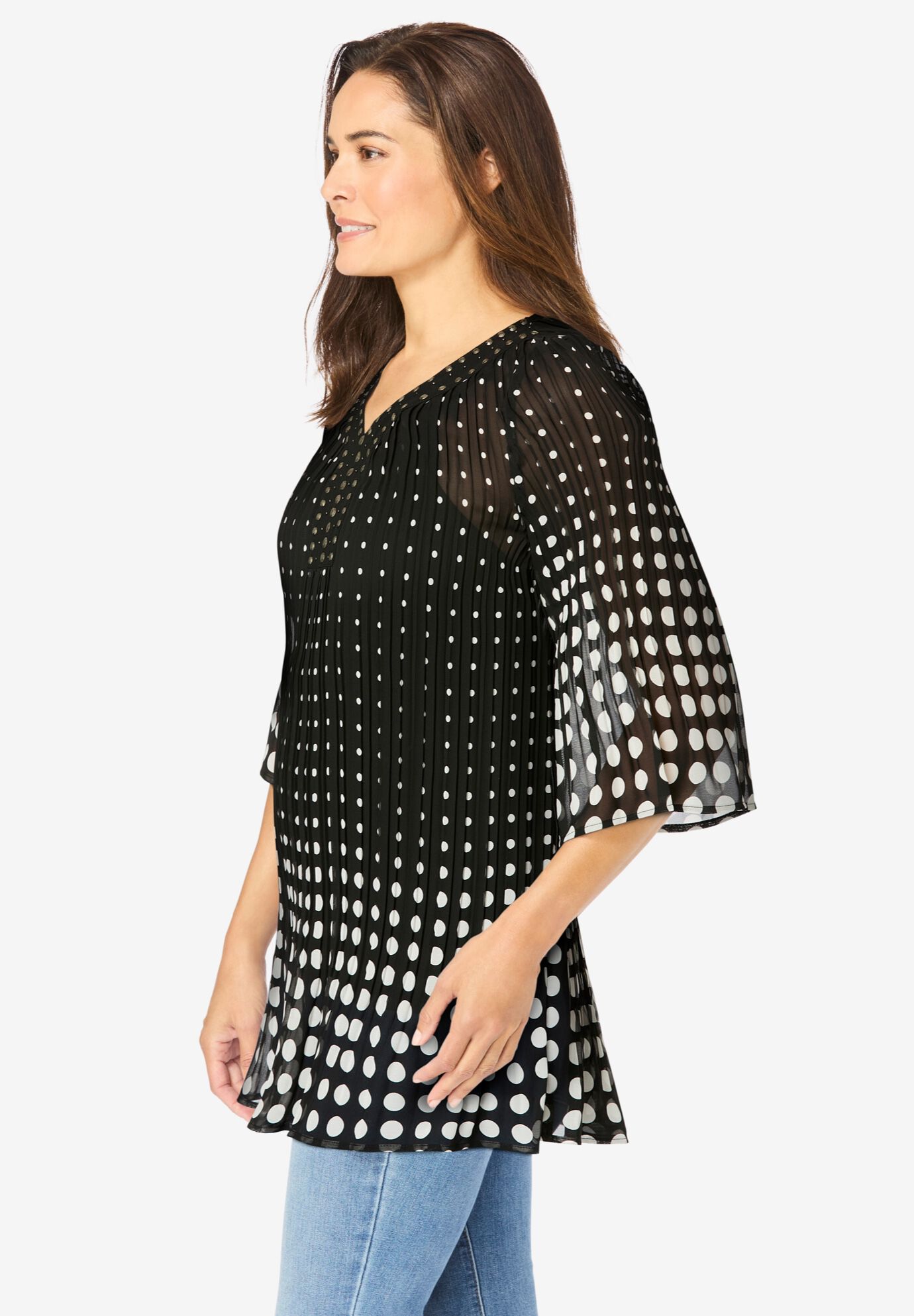 Pleated A-Line Blouse with Bell Sleeves, Black Linear Gradient Dot ...