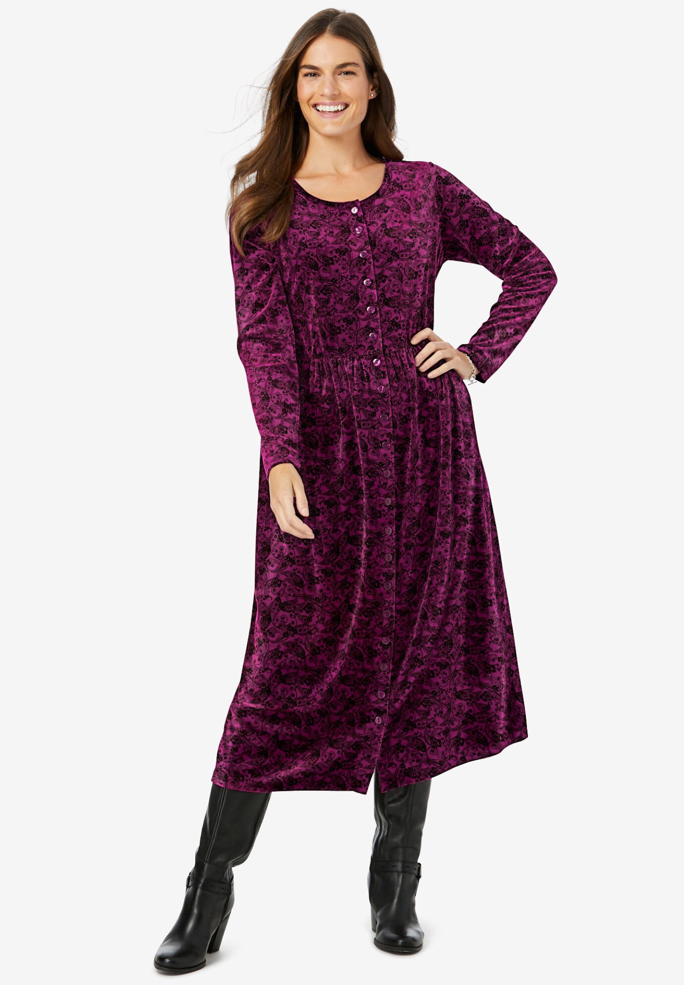 21-Button Velour Dress - Soft Velour Fabric, Deep Claret Floral Paisley ...