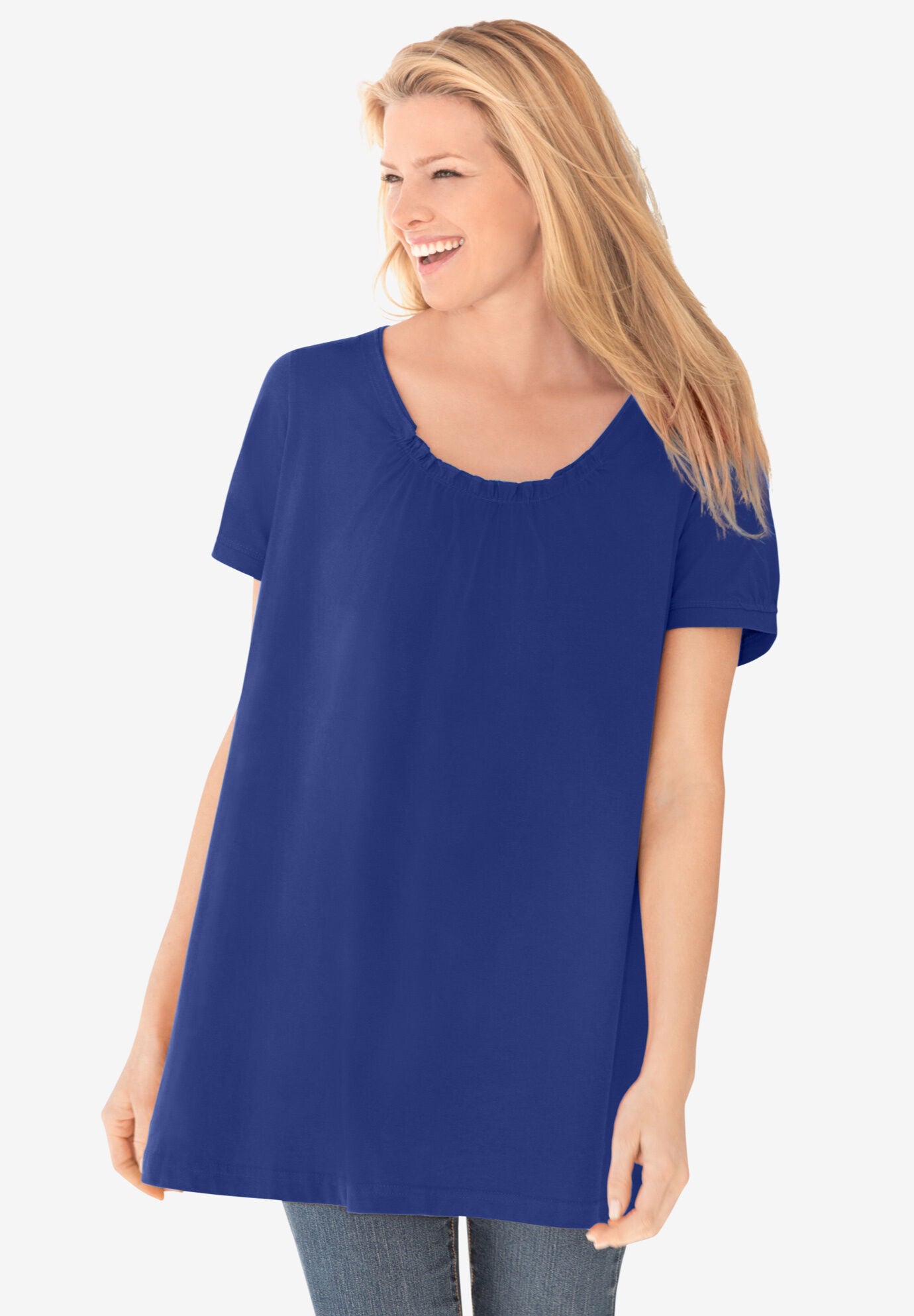 Perfect Short-Sleeve Shirred U-Neck Tunic | Woman Within