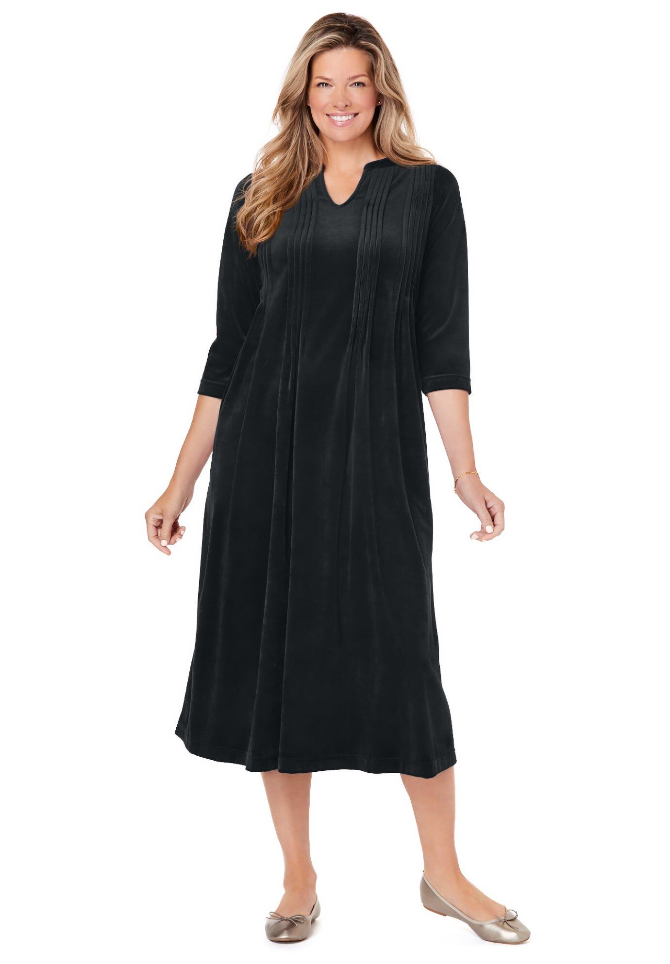 Pintuck Velour Dress - Soft Velour V-Neck Dress, Black | Woman Within