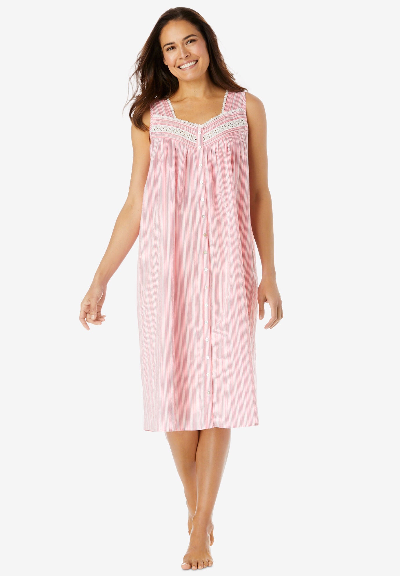 Sleeveless Cotton Night Gown with Lace Trim, Peony Petal Stripe | Woman ...