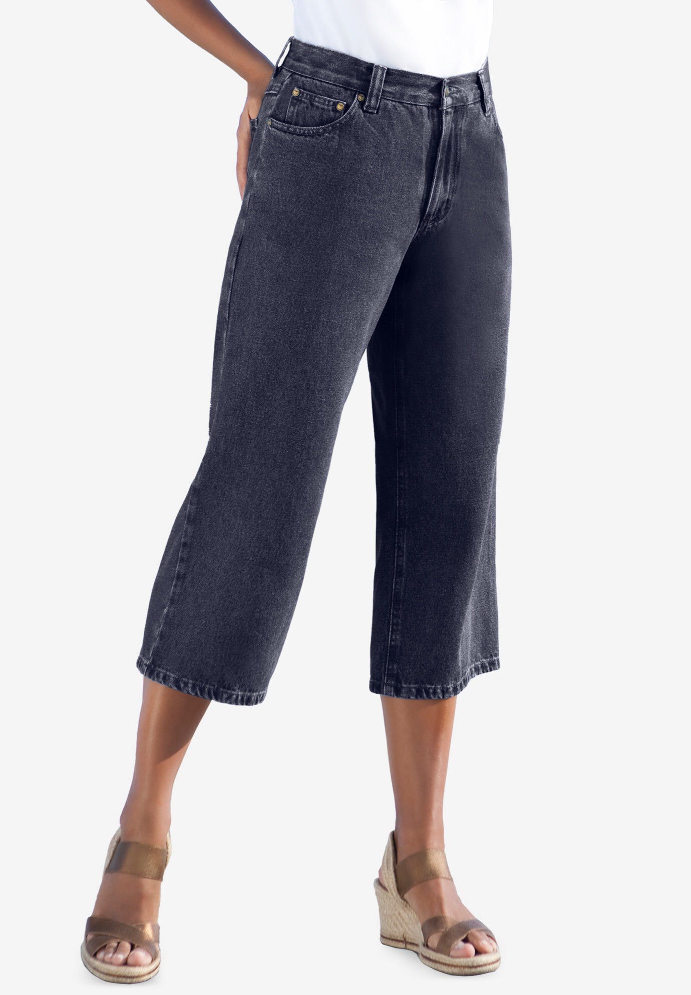 Relaxed 5-Pocket Capri Pants with Elastic Back, Indigo | Woman Within