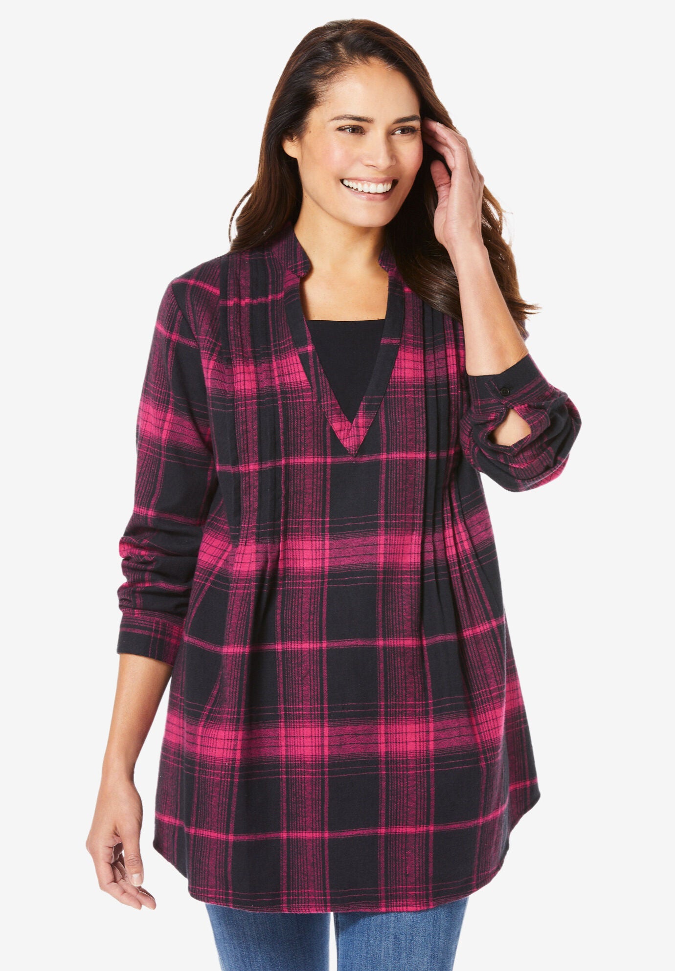 Flannel Tunic with Layered Look - Plus Size, French Blue Cozy Plaid ...