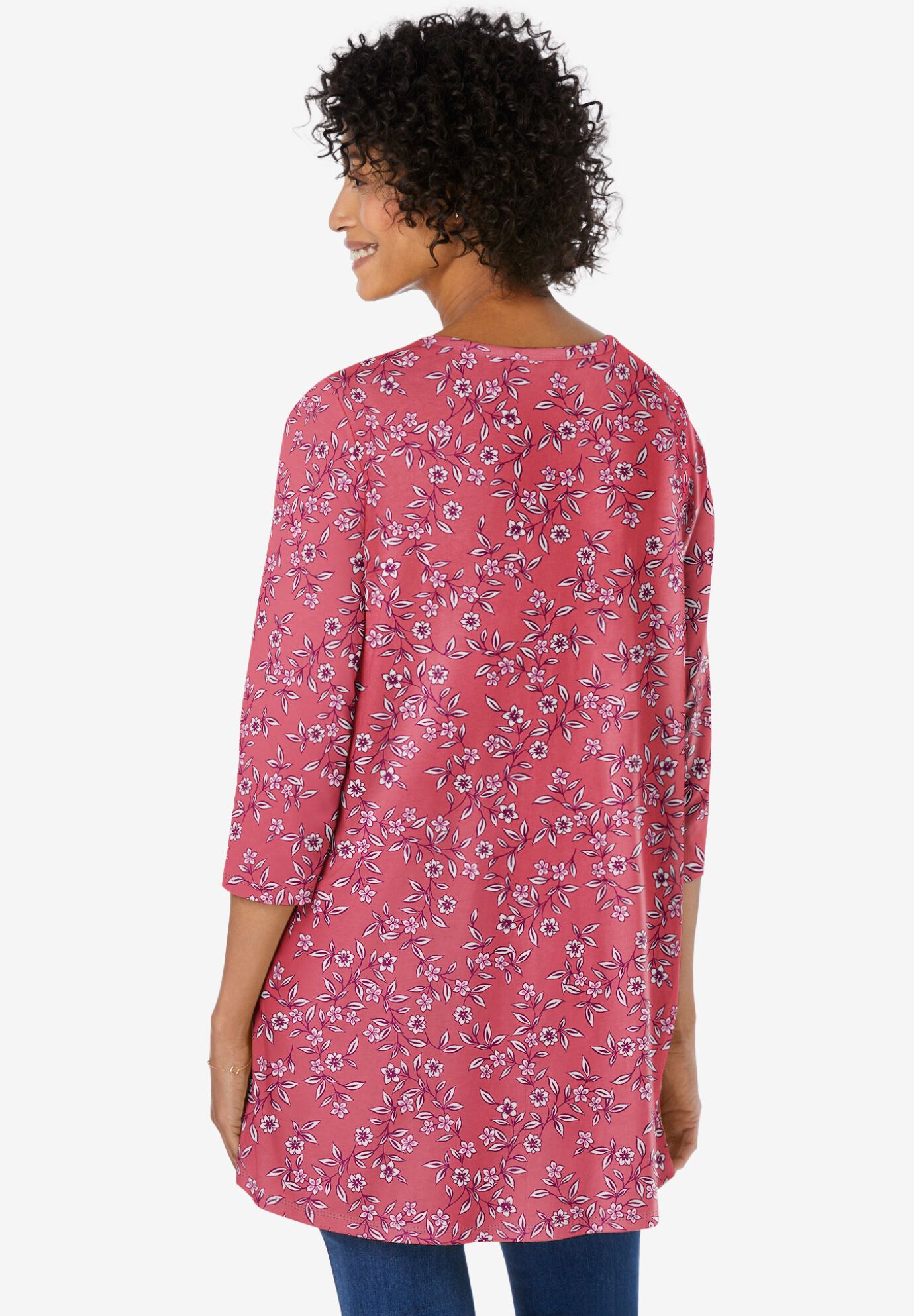 Smocked Henley Trapeze Tunic for Women, Rose Pink Linear Floral | Woman ...
