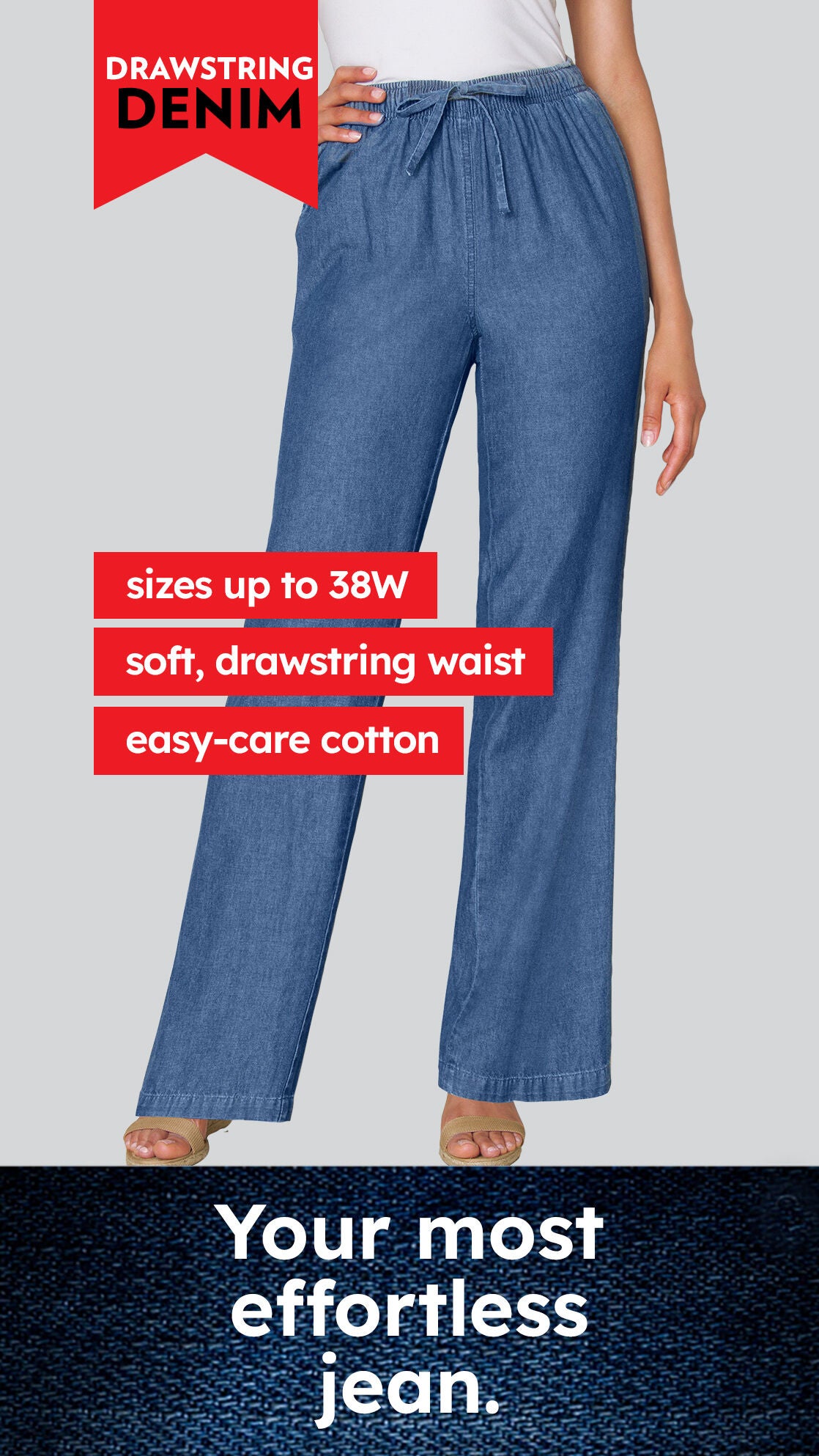 Drawstring Denim Skirt - A-line, Full Elastic Waist, Stonewash | Woman ...