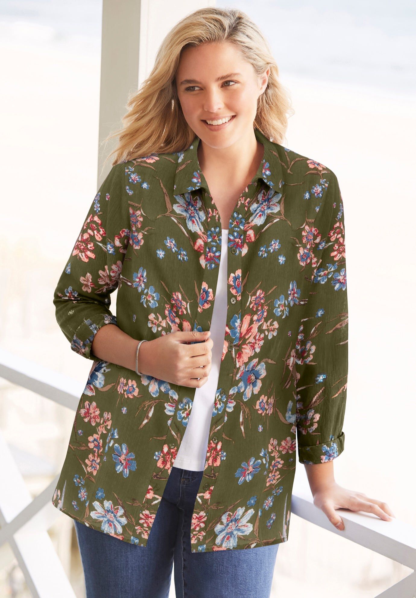 Crinkle Button-Front Shirt | Woman Within