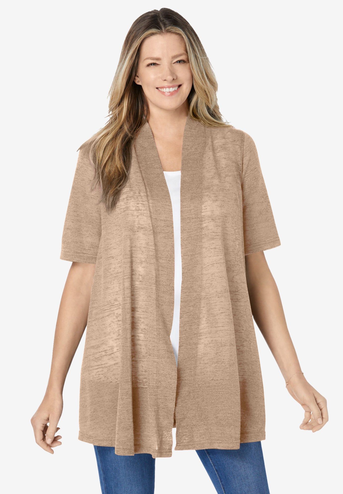 Linen-Blend Open Front Cardigan - Light Coverage, New Khaki | Woman Within