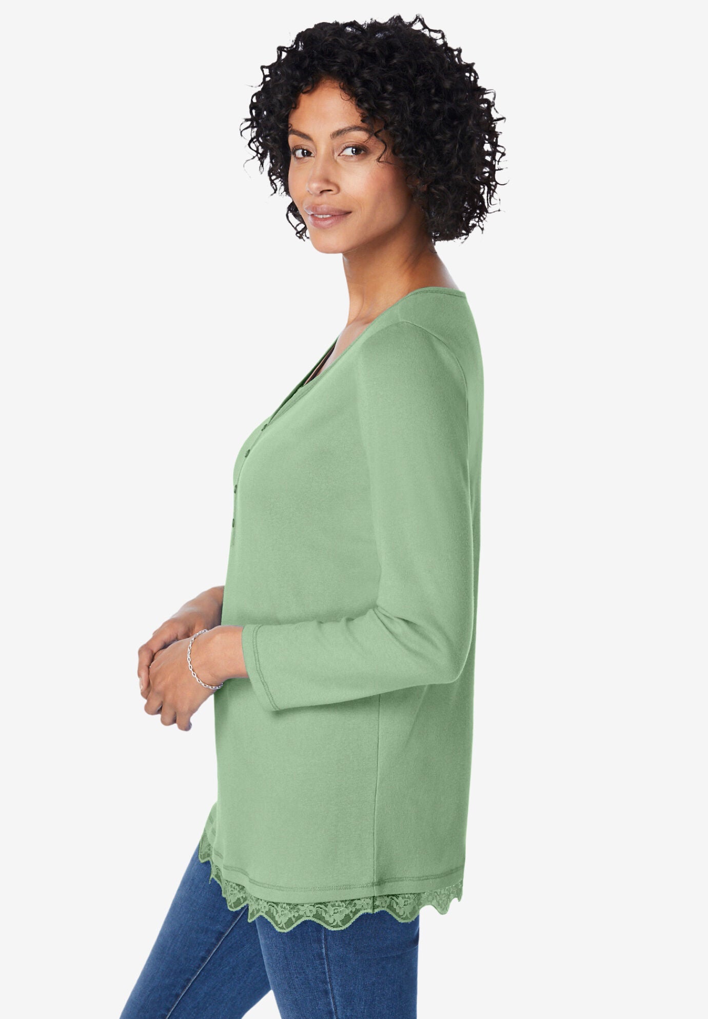 V-neck Lace Trim Tee for Plus Sizes, Pink | Woman Within