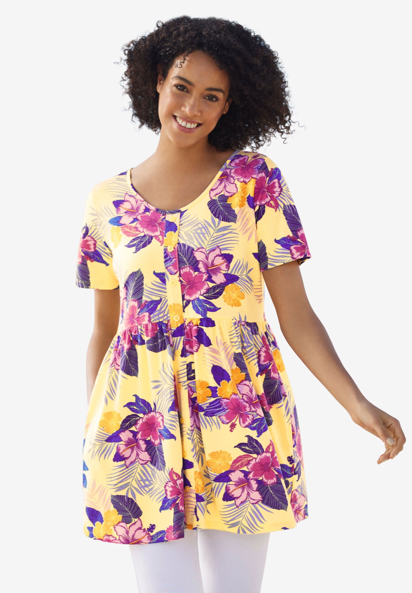 Short-Sleeve Empire Waist Tunic Top, Banana Hibiscus Tropicana | Woman ...