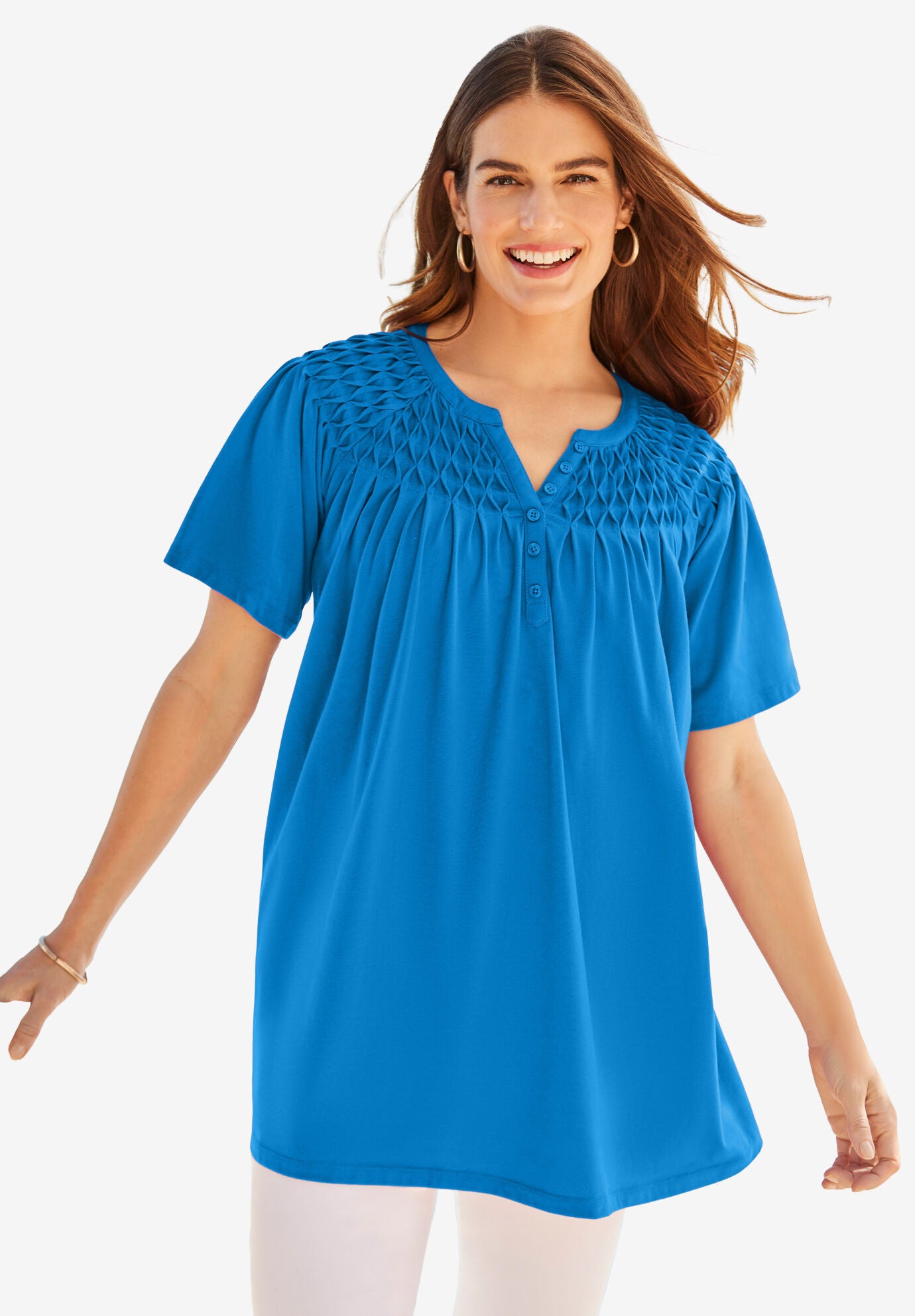 Plus-Size Smocked Split Neck Tunic Top, Bright Cobalt | Woman Within