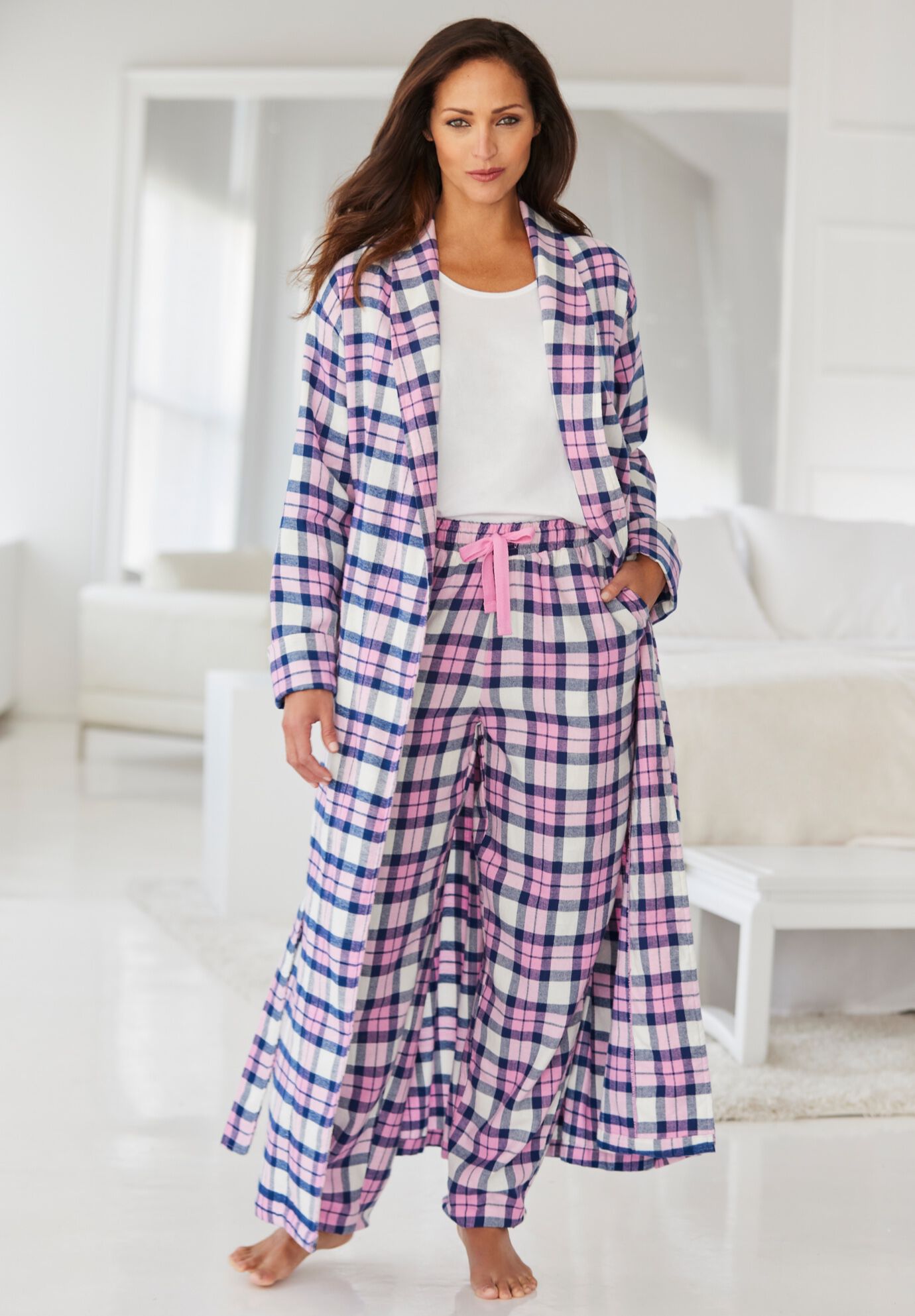 Women's Long Cotton Flannel Robe with Pockets, Red Buffalo Check ...