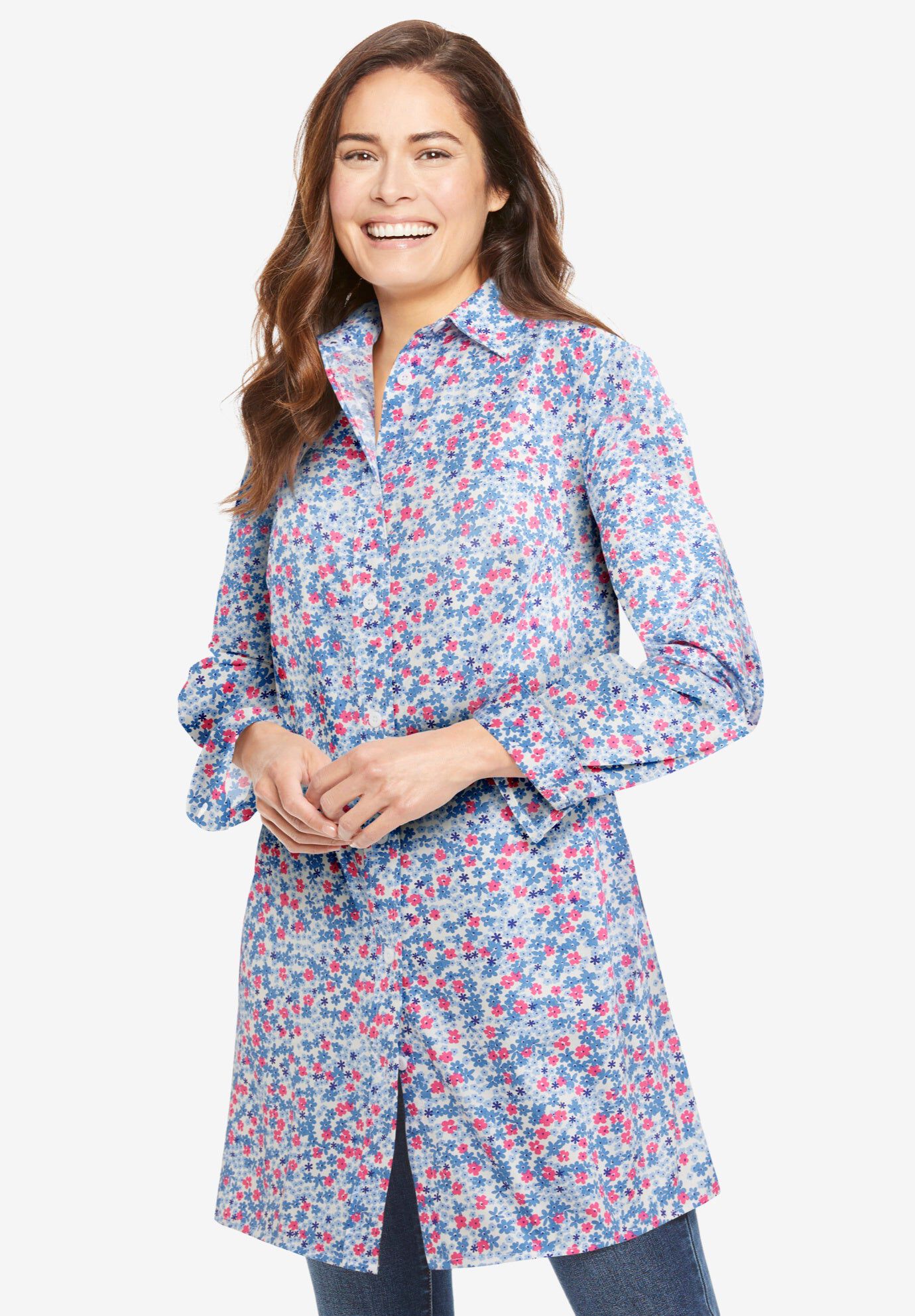 A-Line Long-Sleeve Tunic with Button Front, French Blue Stripe | Woman ...