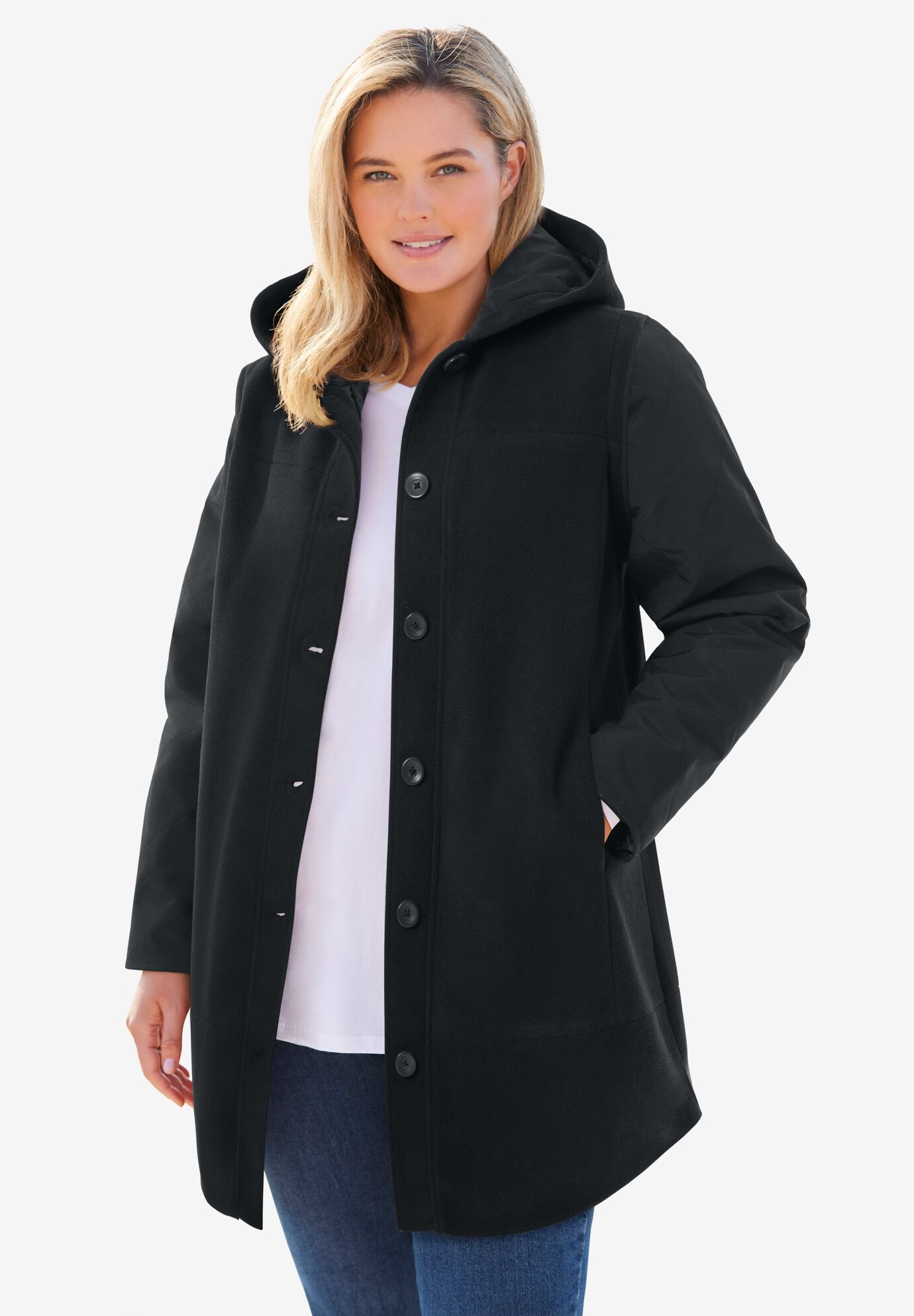 2-in-1 Fleece Jacket Removable Sleeves, Black | Woman Within