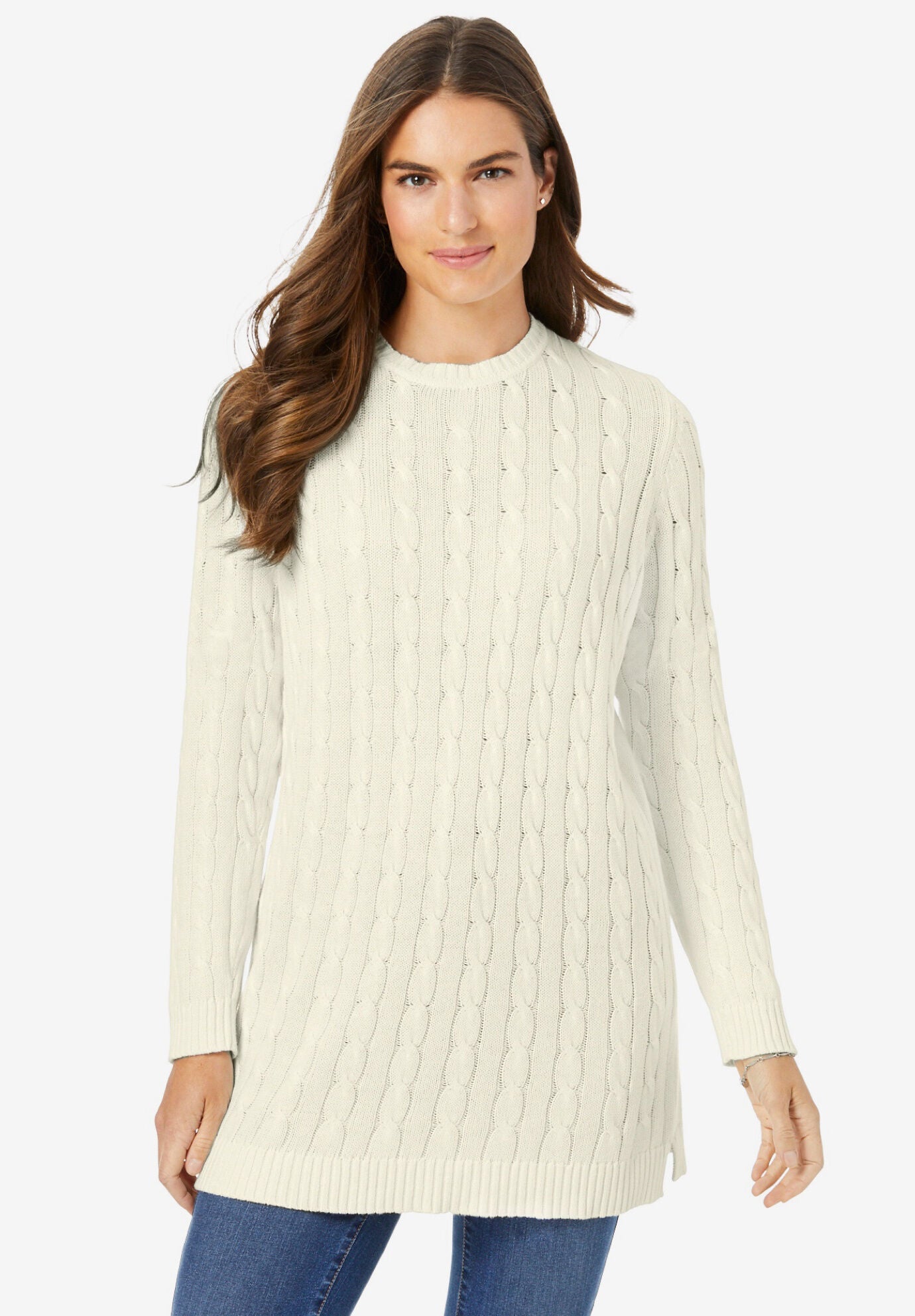 Cable Knit Crewneck Sweater - Pullover Cotton, Ivory | Woman Within