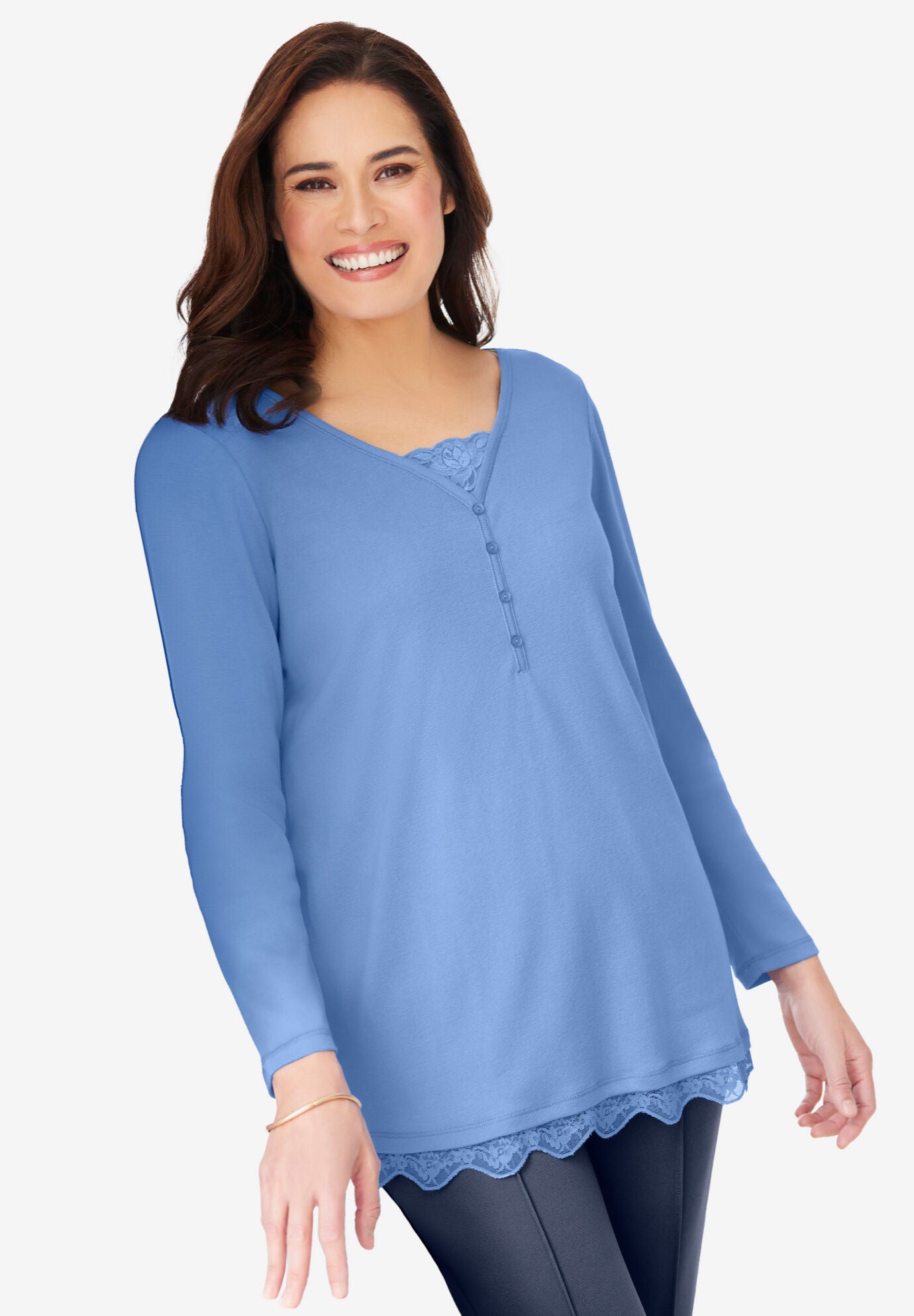 V-neck Lace Trim Tee for Plus Sizes, French Blue | Woman Within