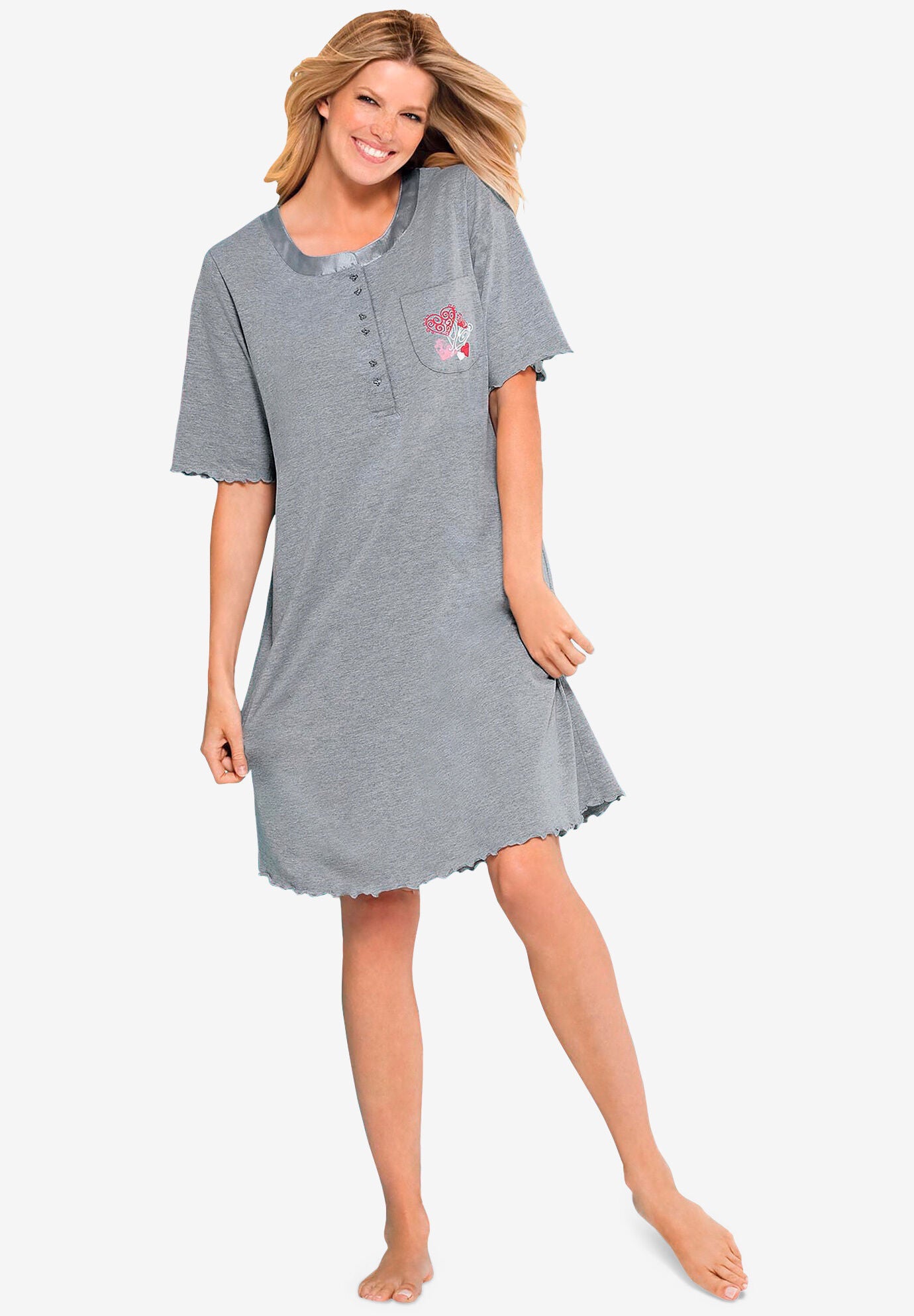 Satin Trim Cotton Sleepshirt - Super Soft Sleepwear, Heather Grey ...