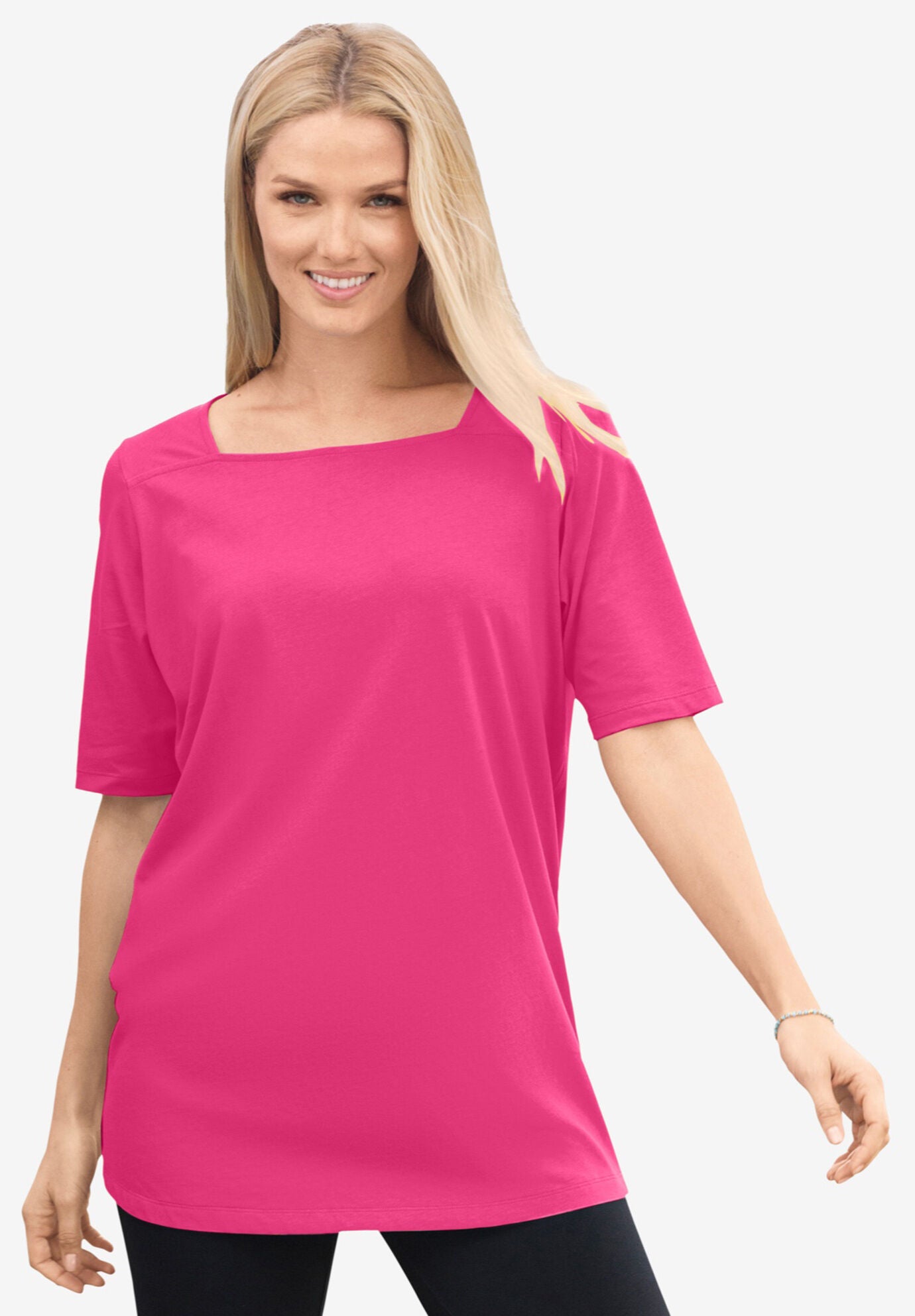 Elbow-Sleeve Square-Neck Tee - Pure Cotton, Pretty Turquoise | Woman Within