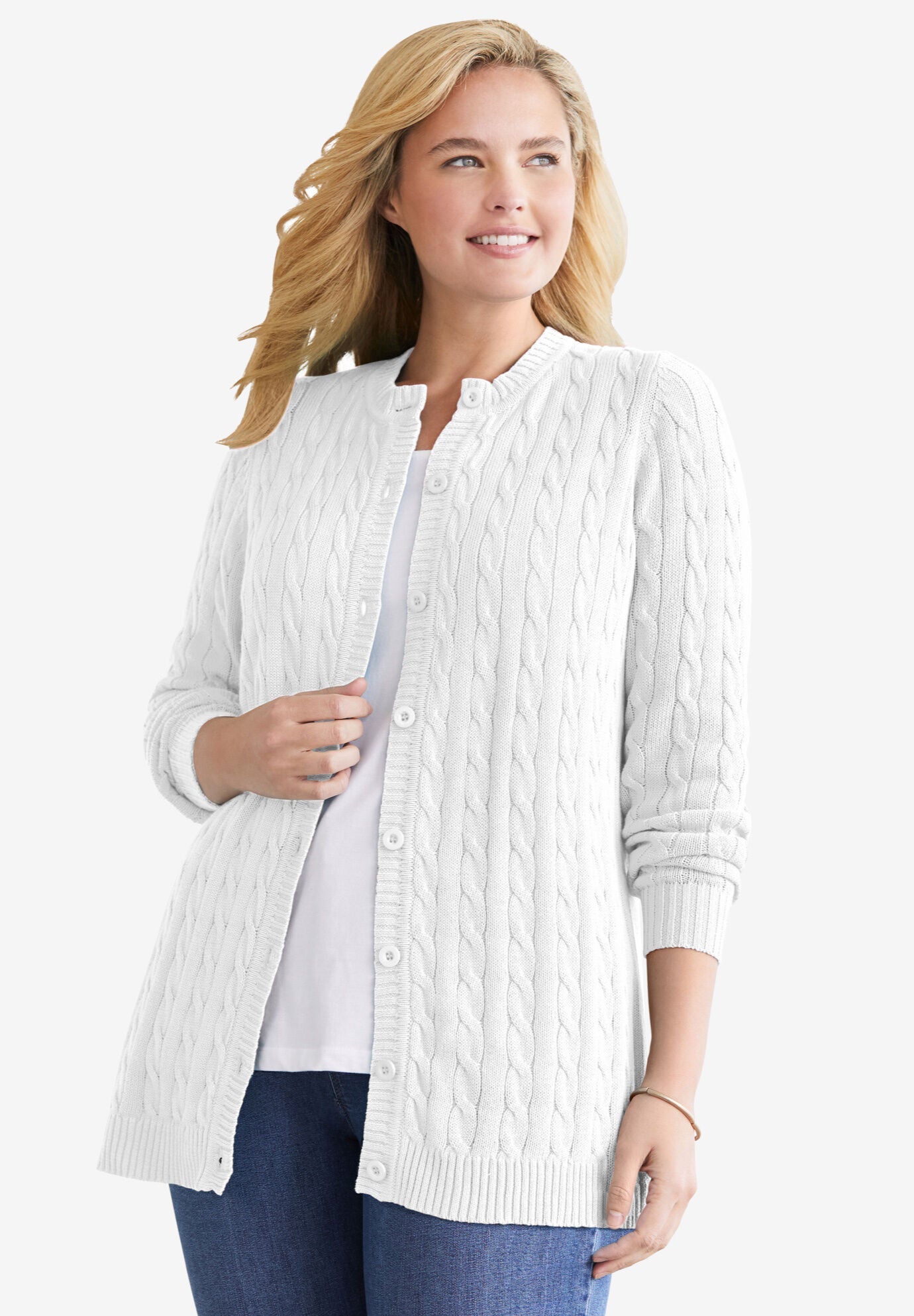 Cotton Cable Knit Cardigan Sweater | Woman Within