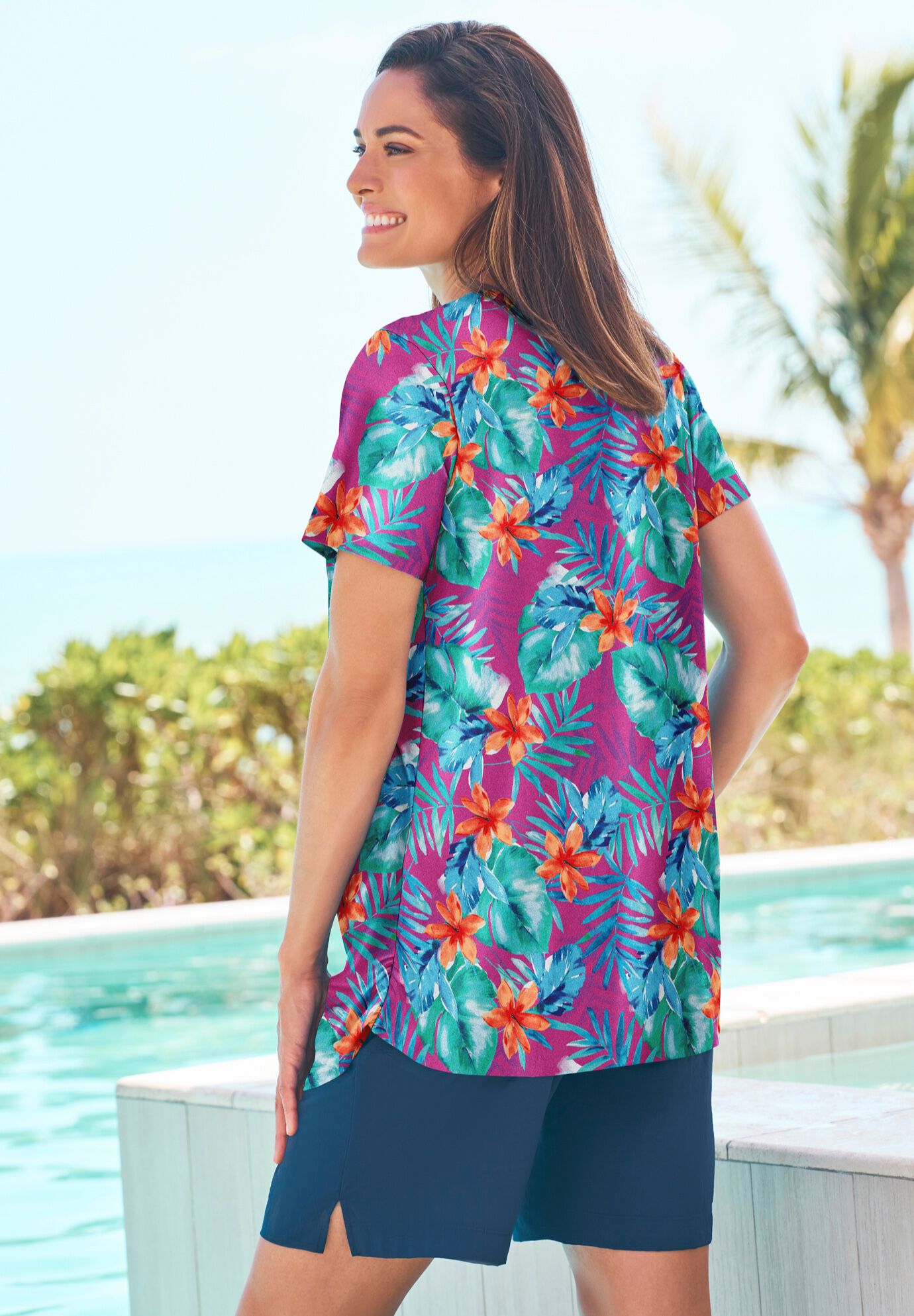 UPF 50+ Swim Tee with Built-In Bra, Hula Palm | Woman Within