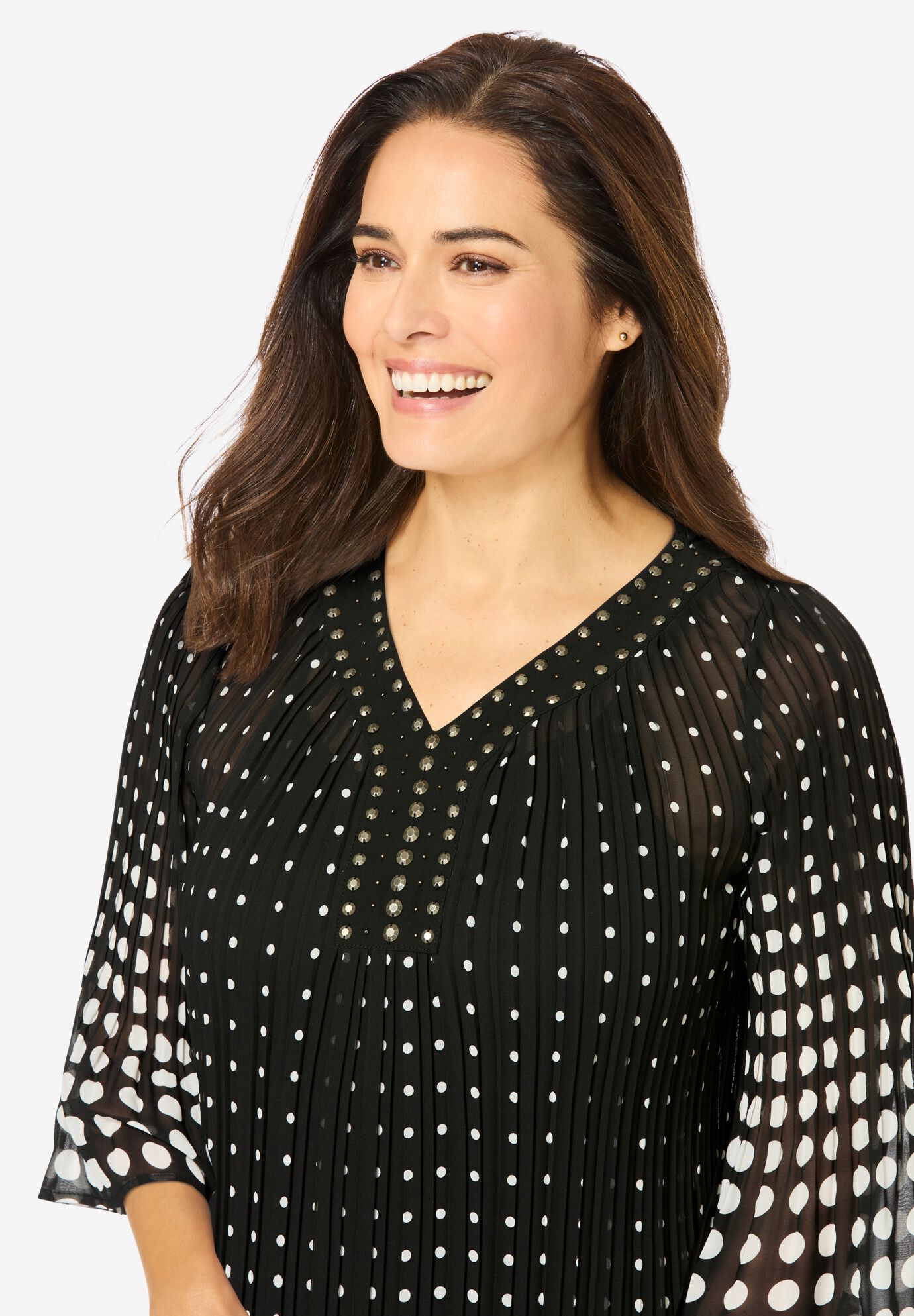 Pleated A-Line Blouse with Bell Sleeves, Black Linear Gradient Dot ...