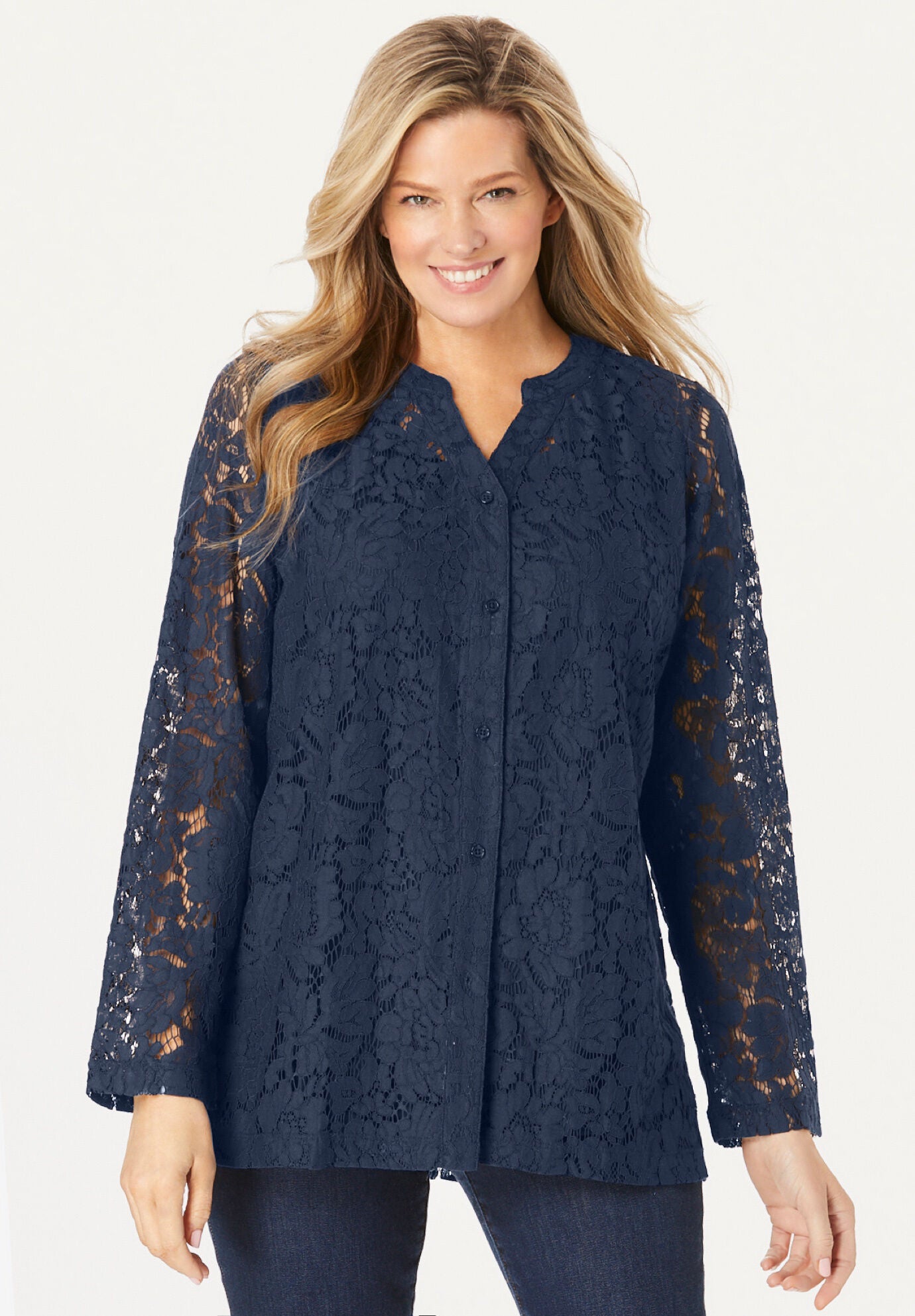 Lace Shirt with Y-Neckline and Button Placket, 4462824 | Woman Within
