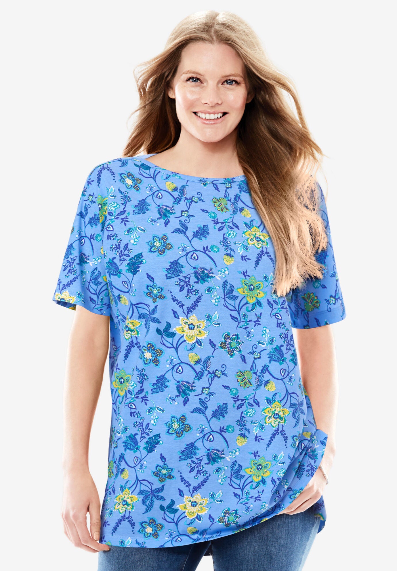 Boho Boatneck Tunic - Printed Short-Sleeve, French Blue Jacquard Floral ...