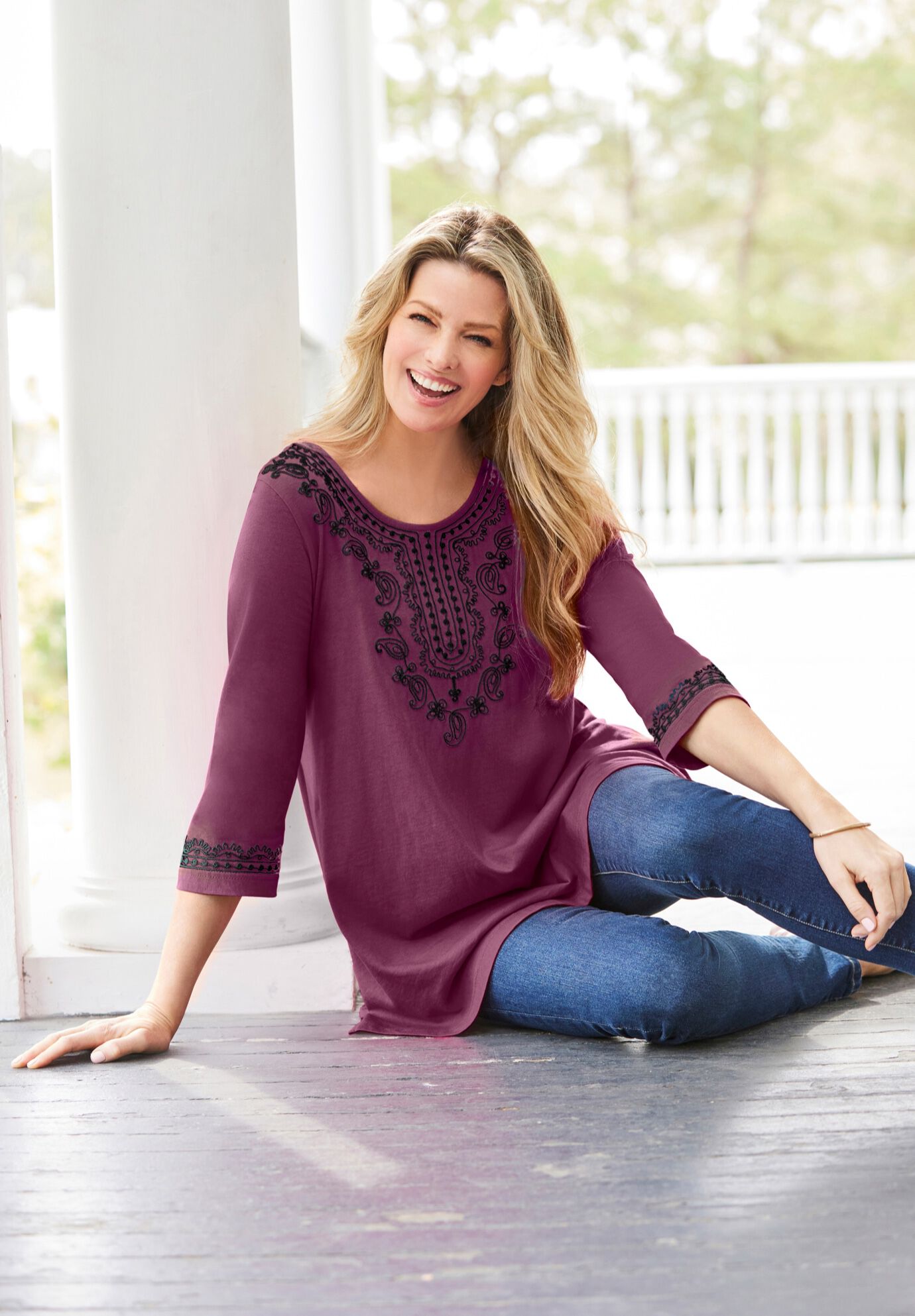 Embroidered Knit Tunic - Relaxed Fit Tunic, Black | Woman Within