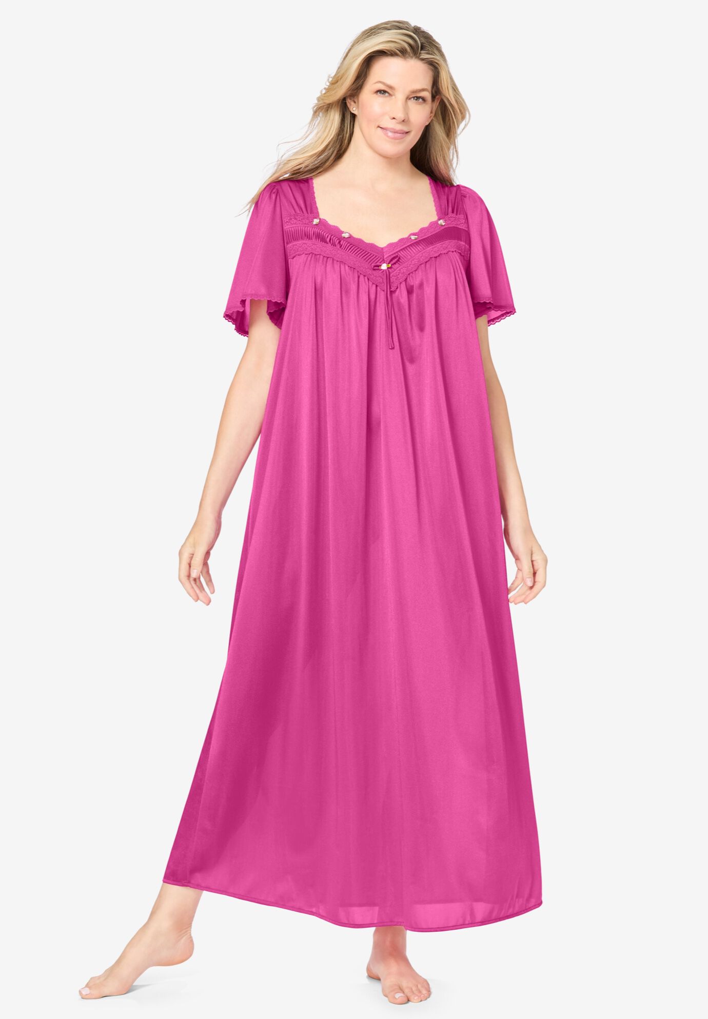 Silky Lace-Trim Nightgown with Sweetheart Neckline, Black | Woman Within