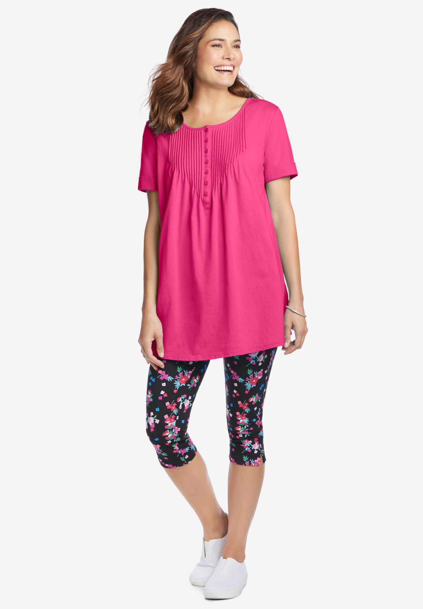 Short-Sleeve Pintucked Henley Tunic for Women, Navy Patchwork Stripe ...