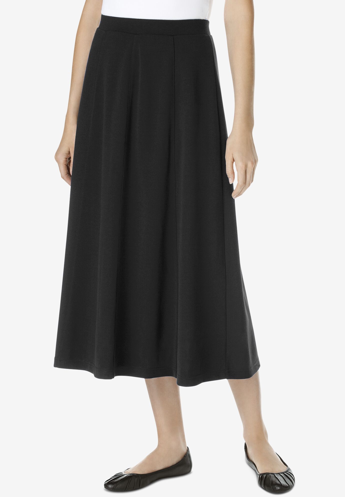 Ponte Knit A-Line Skirt - Elastic Waist, Stretch, Black | Woman Within