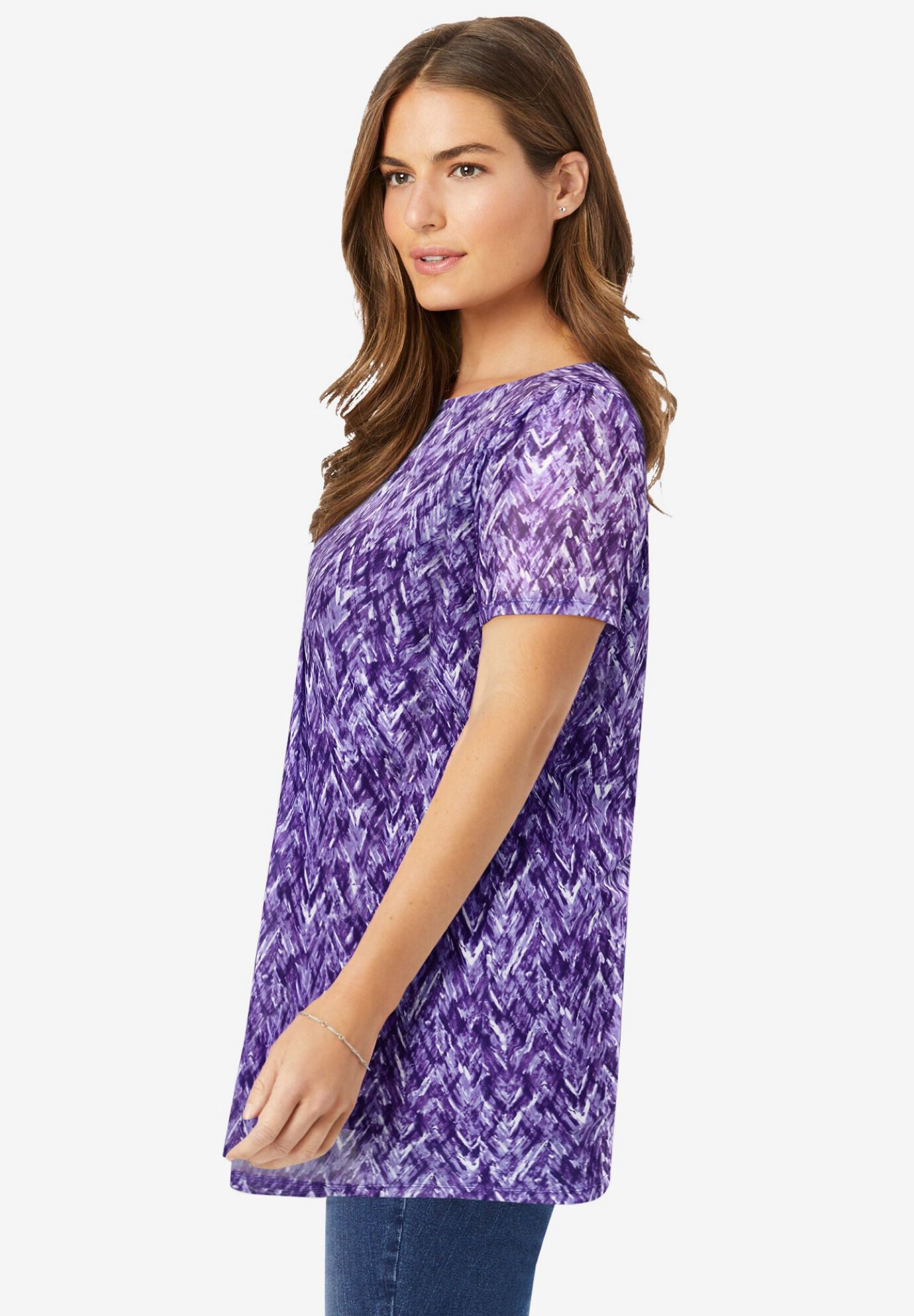 Miracle Mesh Overlay Tunic for Women, Soft Iris Chevron | Woman Within