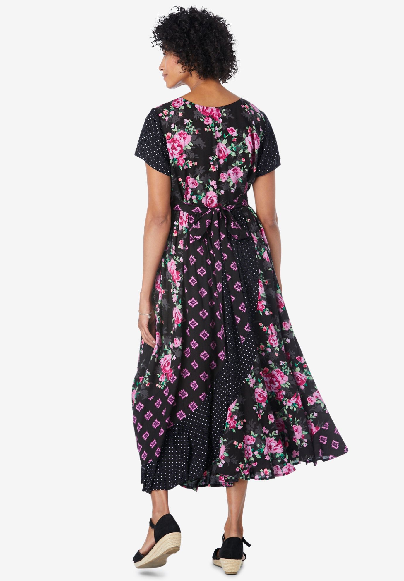 Mixed Print Rose Garden Maxi Dress, Black Pretty Rose | Woman Within