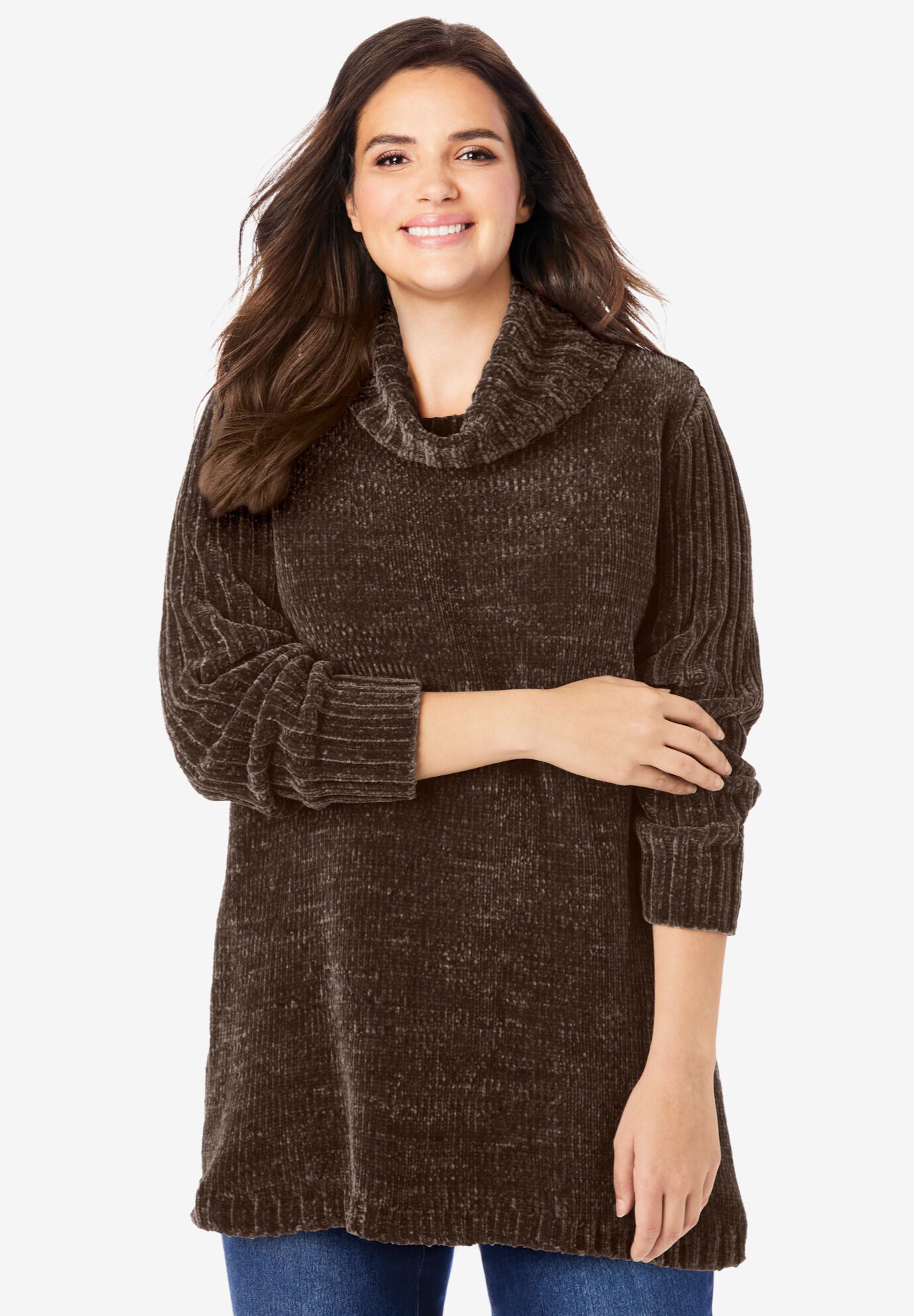 Chenille Cowlneck Sweater - Soft & Cozy Knit, Chocolate | Woman Within