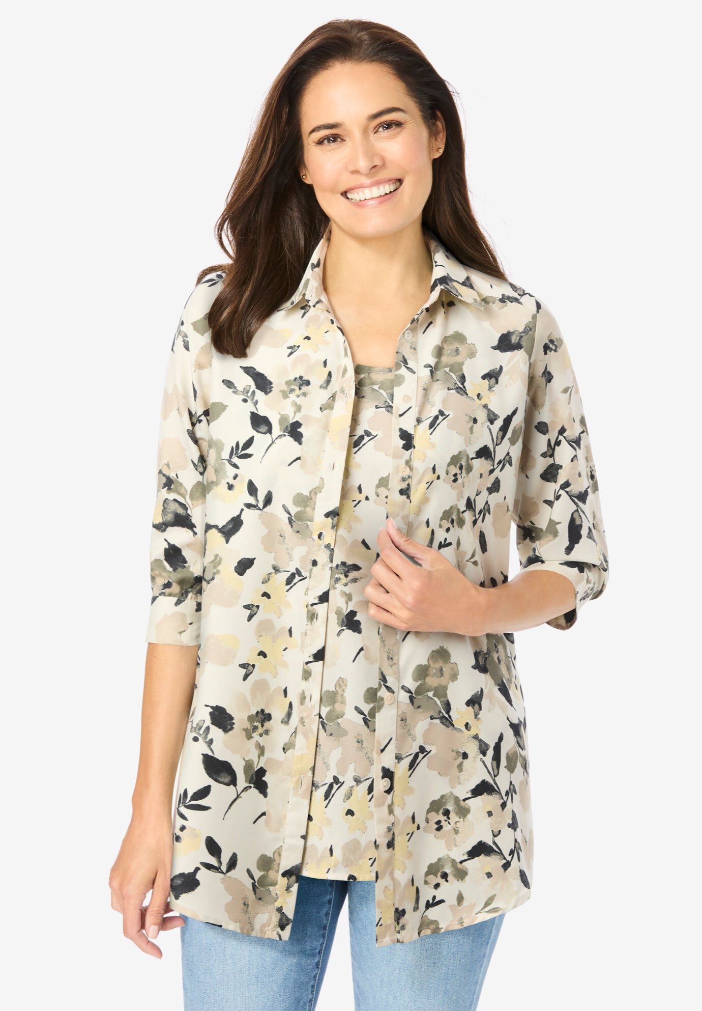 Plus Size 2-Piece Shirt and Tank Set, Black Khaki Watercolor Flower ...