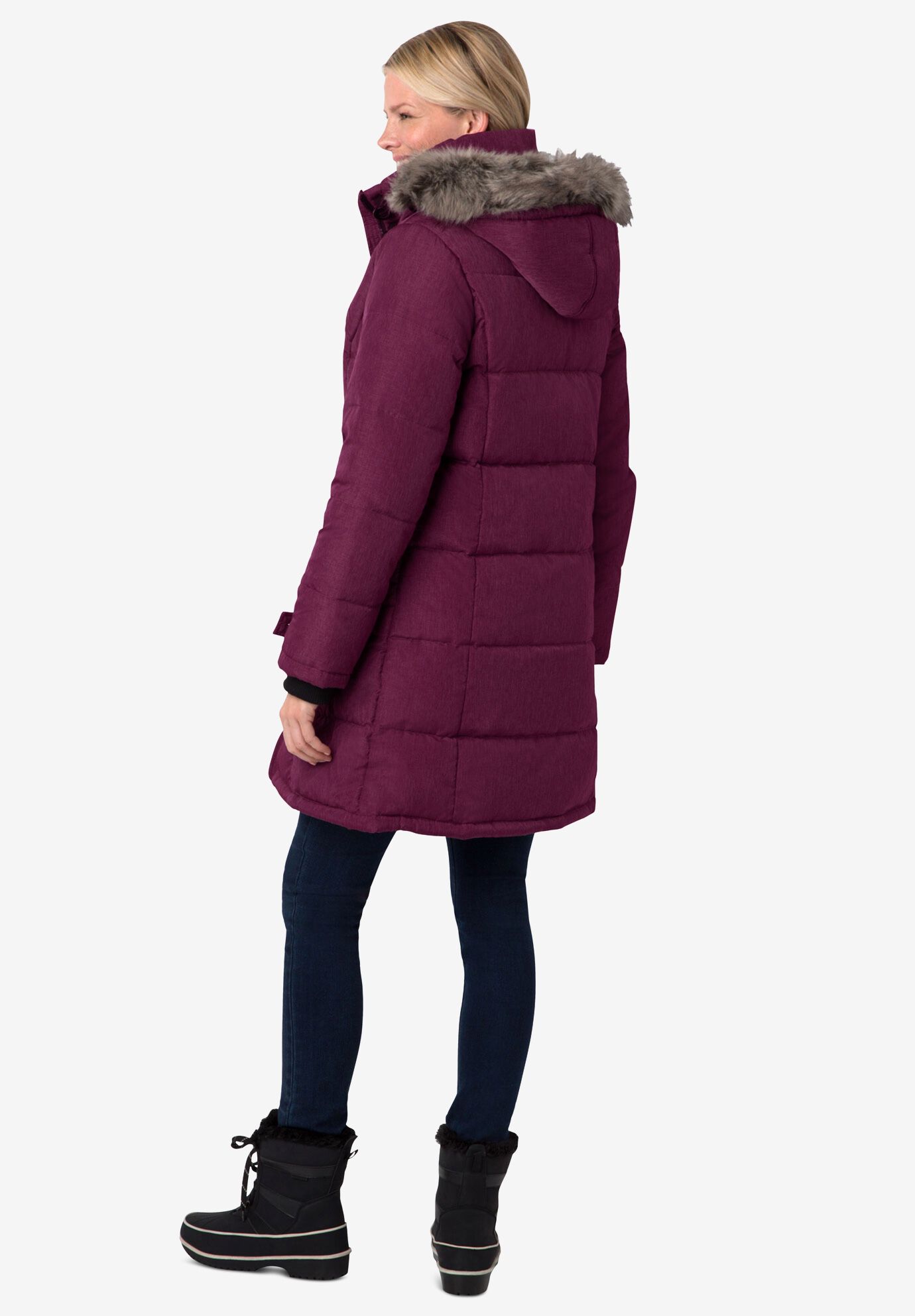 Heathered Down Puffer Coat with Faux-Fur Hood, Heather Navy | Woman Within