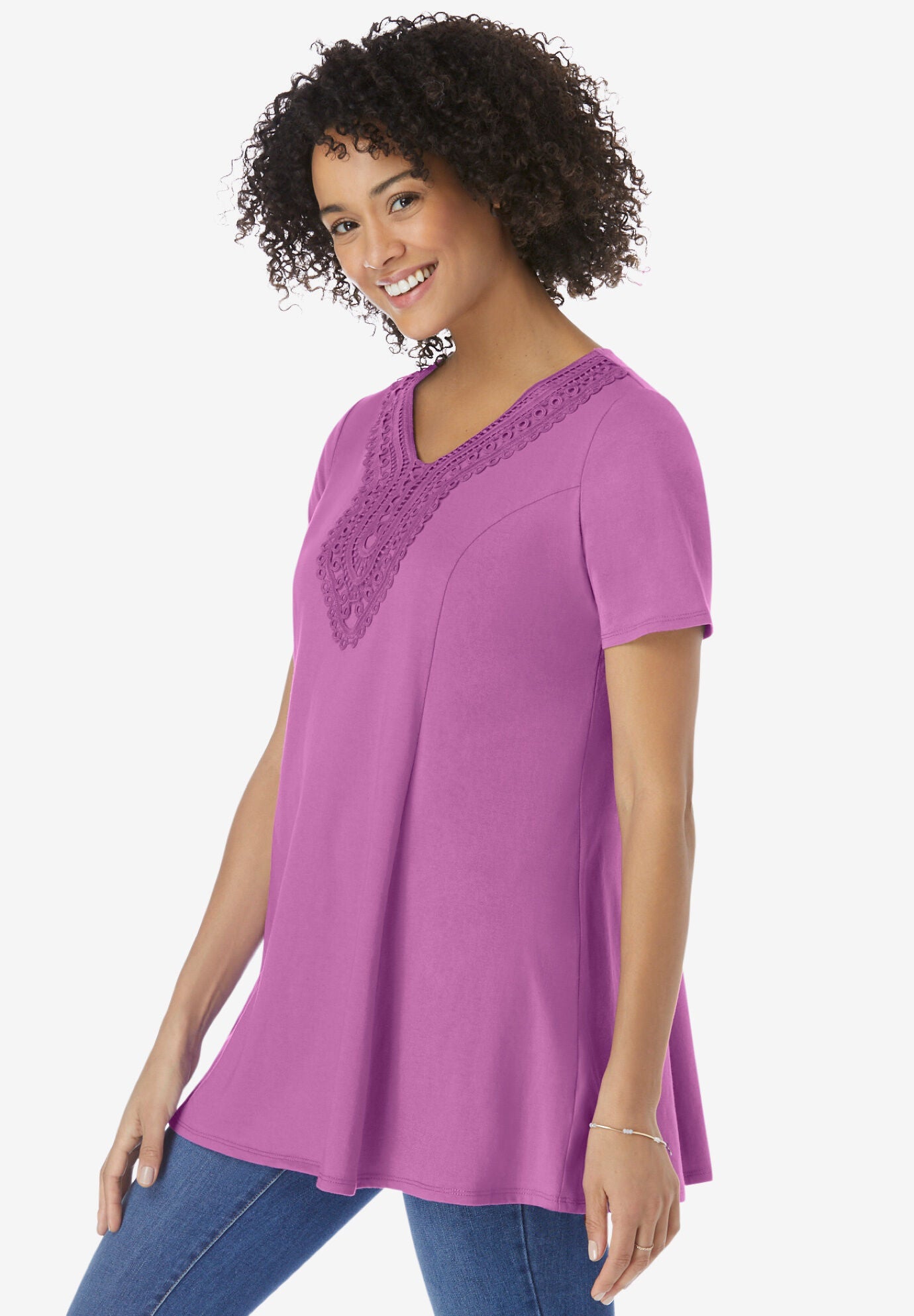 Rounded V-Neck Tunic with Crochet Detailing, Paradise Blue | Woman Within