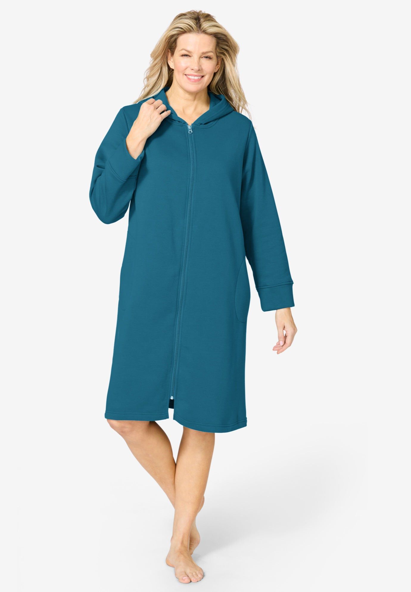 Soft-Touch Short Sweatshirt Robe with Hood, Deep Teal | Woman Within