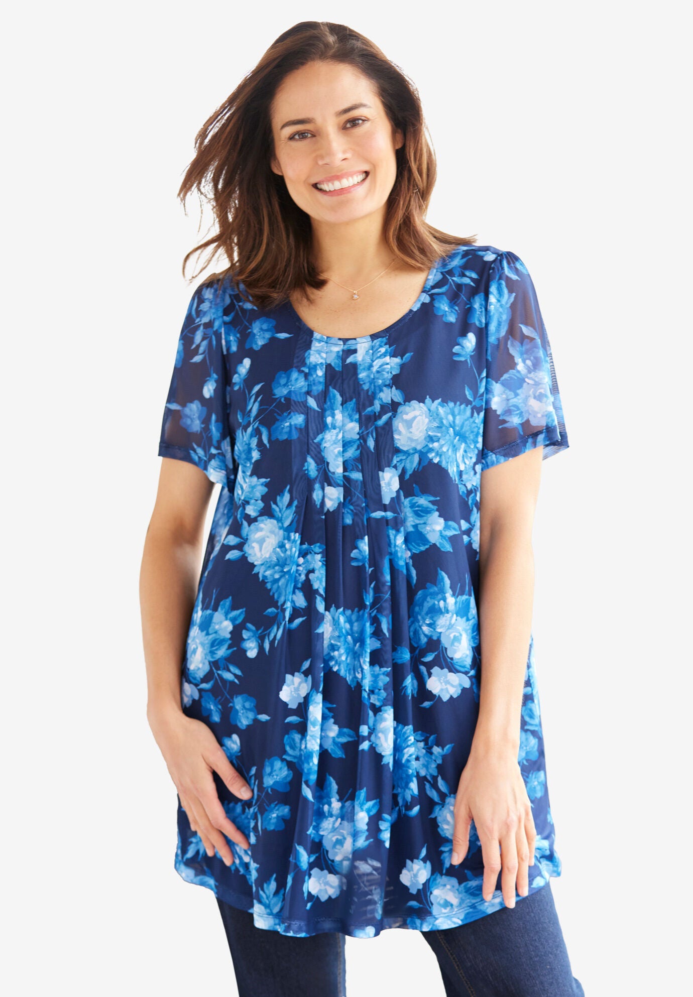 Miracle Mesh Overlay Tunic for Women, Navy Watercolor Floral | Woman Within