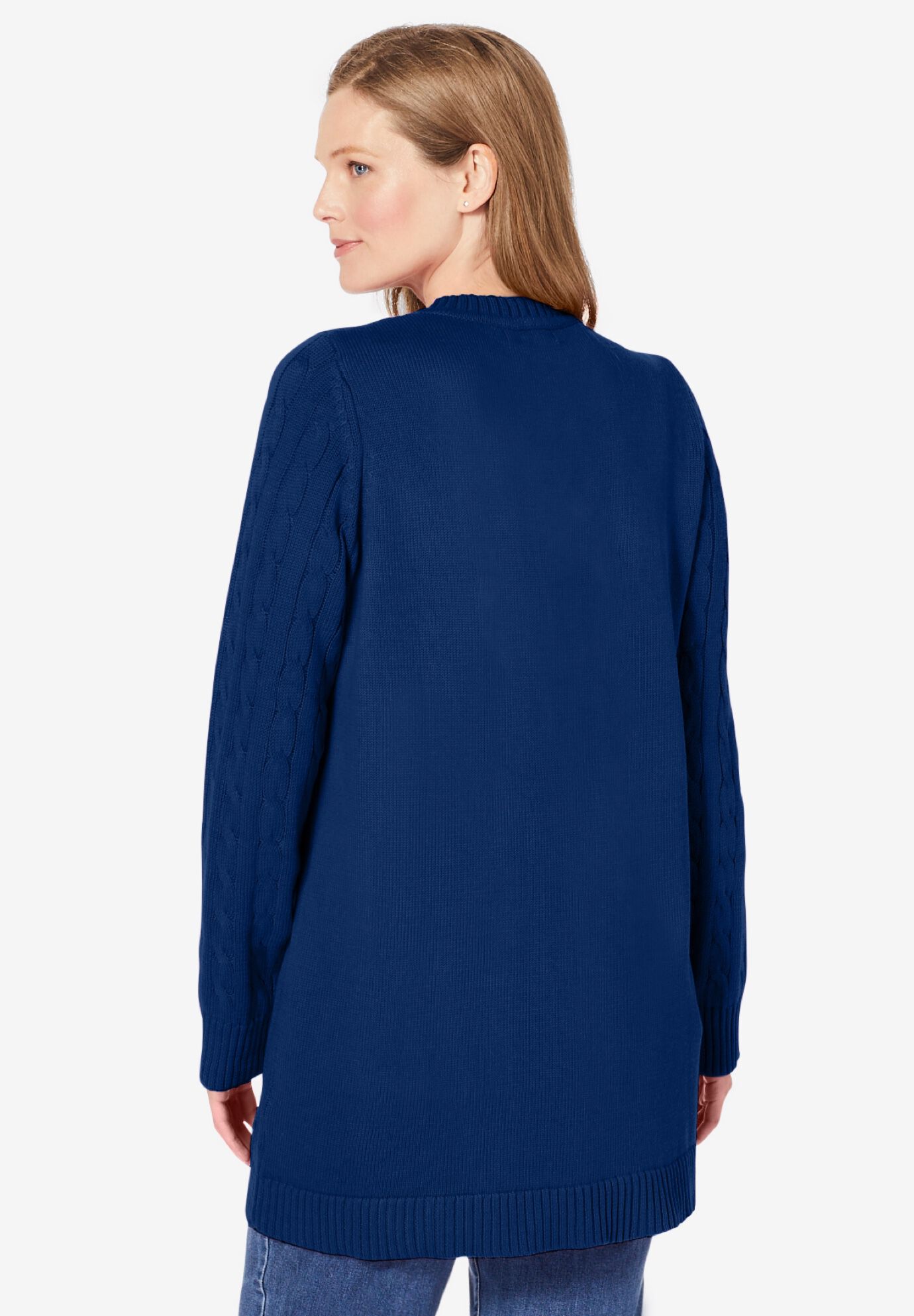 Cable Knit Cardigan Sweater - Pure Cotton, Evening Blue | Woman Within