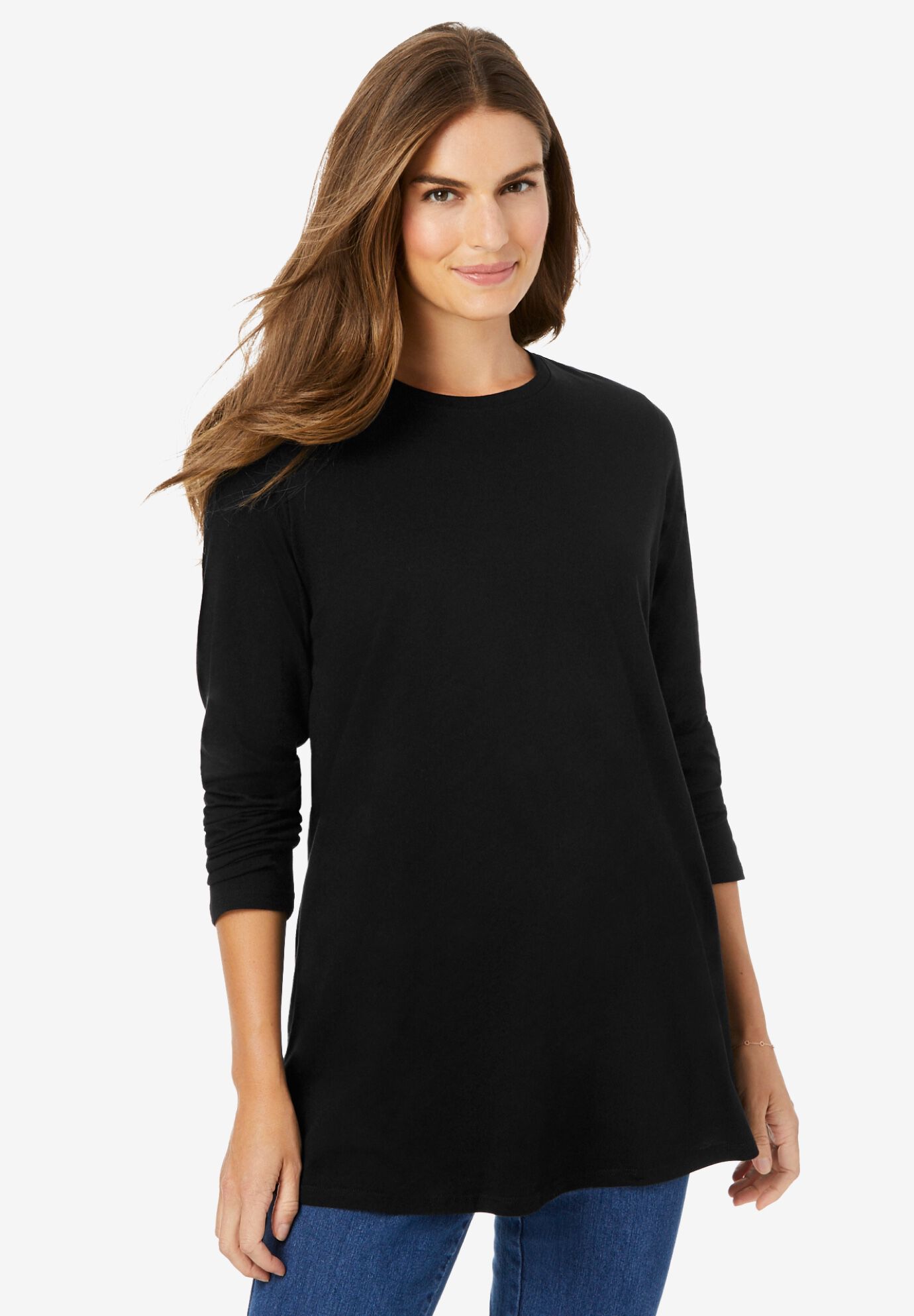 Perfect Long-Sleeve Crewneck Tunic for Women, Black | Woman Within