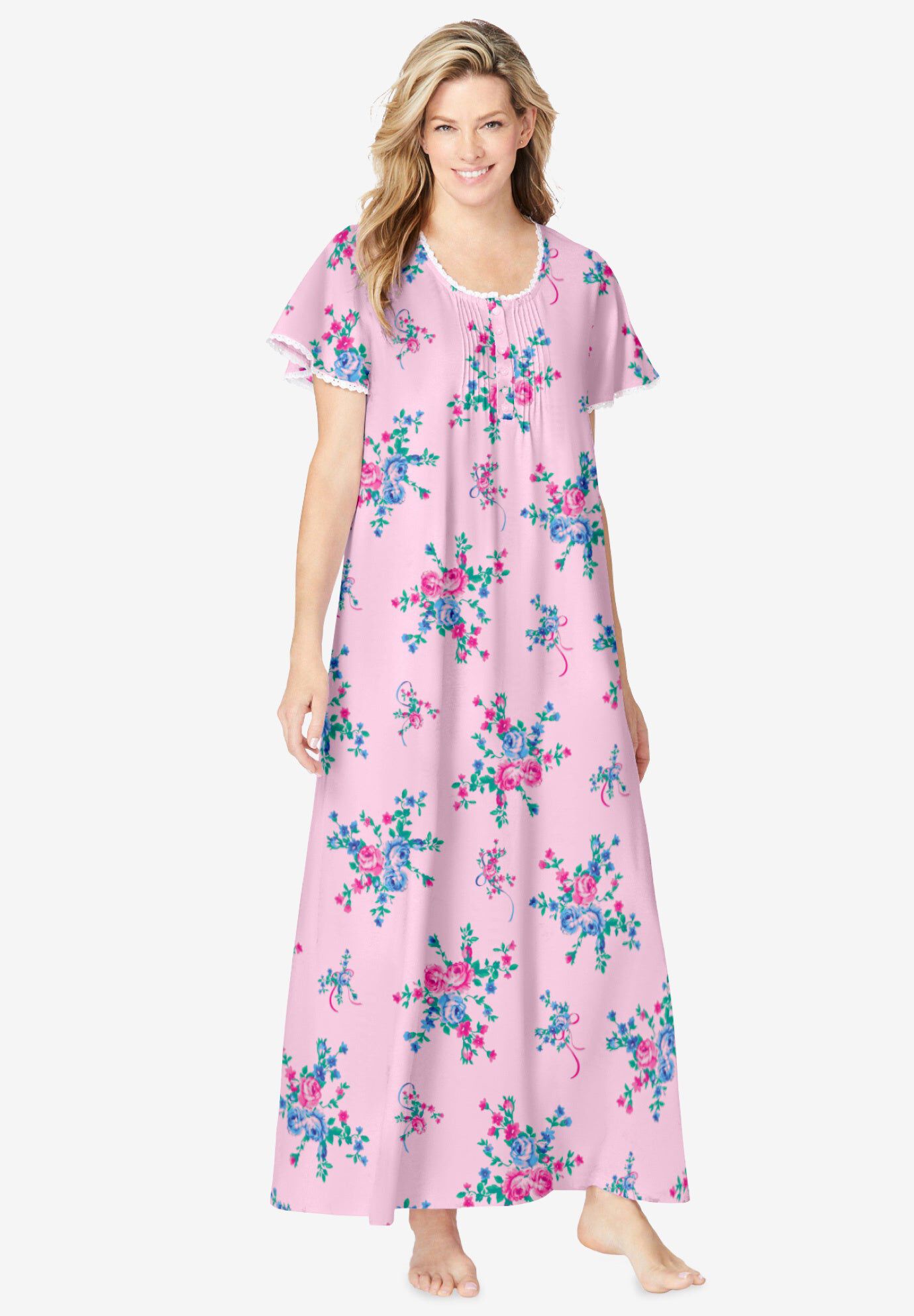 Long Pintuck Knit Gown with Lace Details, Pink Floral | Woman Within
