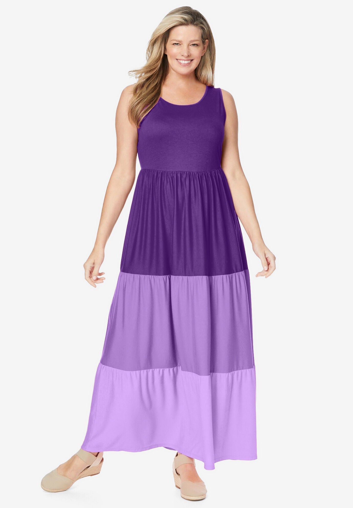 Colorblock Tiered Maxi Dress - Sleeveless, Purple Orchid Colorblock ...