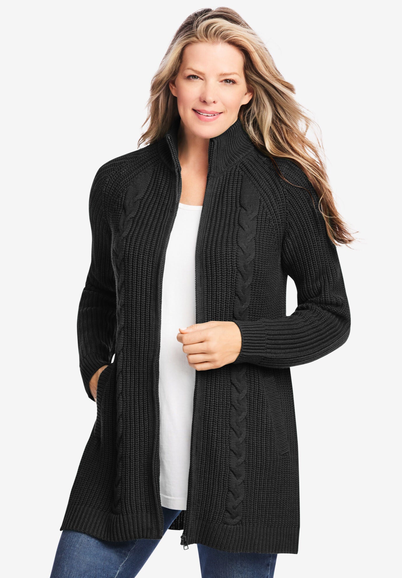 Plus Size Cabled Zip-Front Cardigan, Black | Woman Within